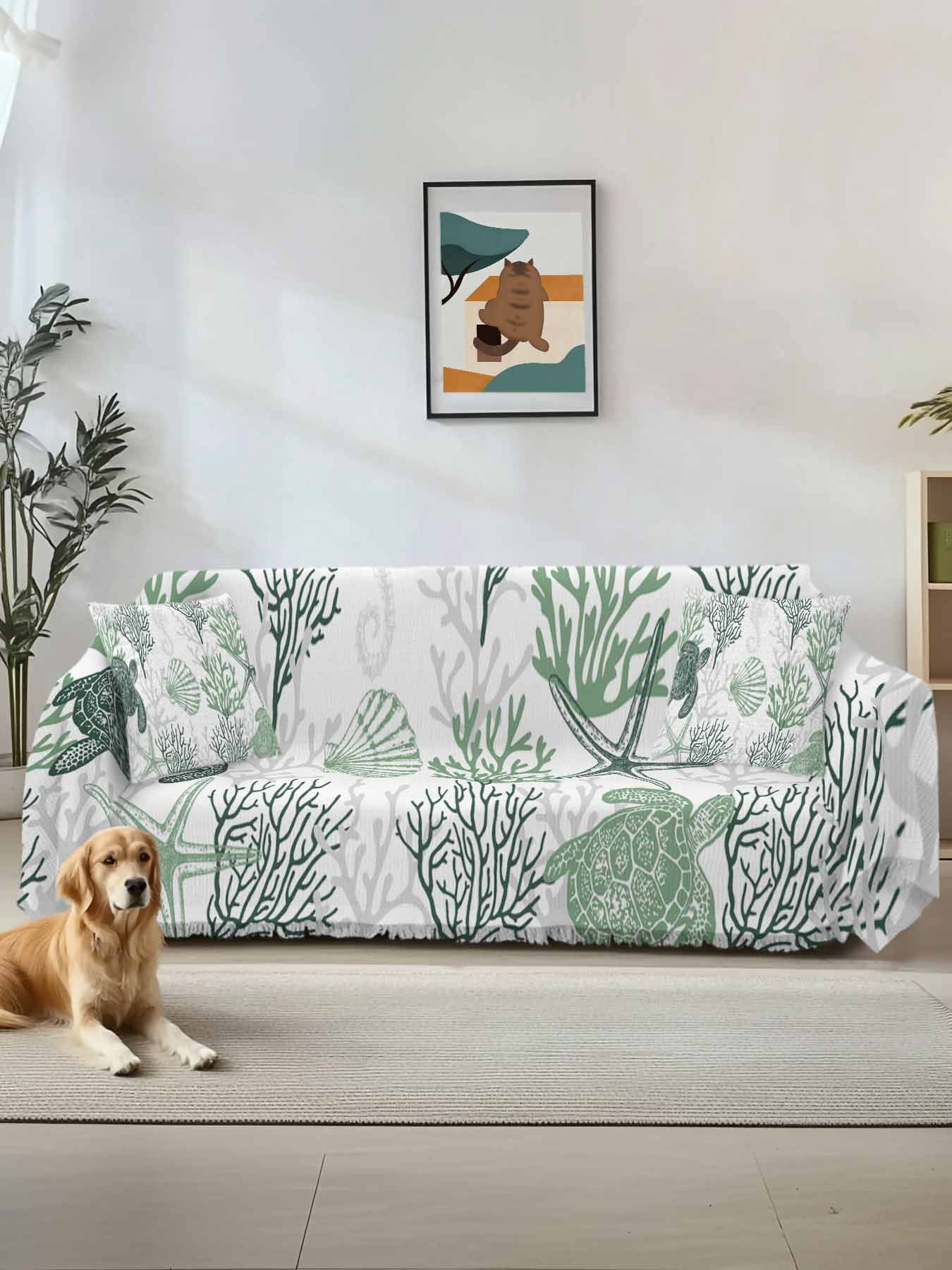 Sage Green Coastal Couch Cover, Sea Turtle Nautical Coral Summer Beach ...