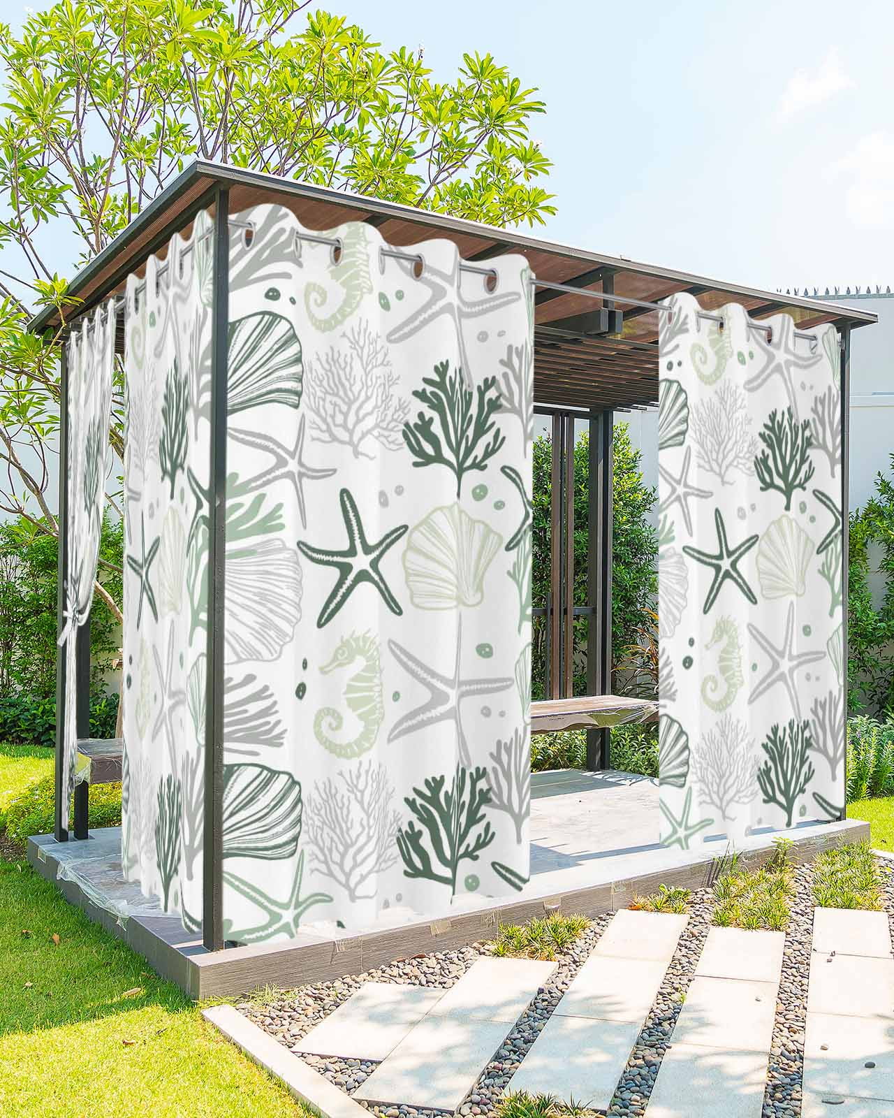 Sage Green Coastal Outdoor Curtains for Patio Waterproof,Grey Ocean ...