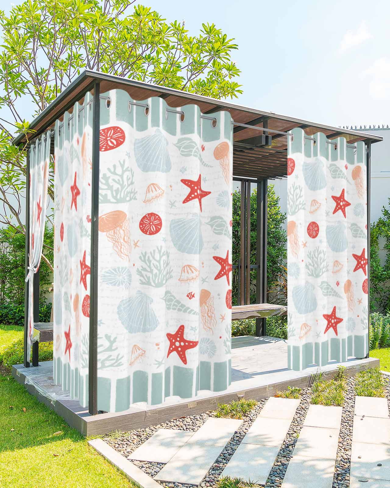 Sage Green Coastal Outdoor Curtains for Patio Waterproof,Nautical Coral ...