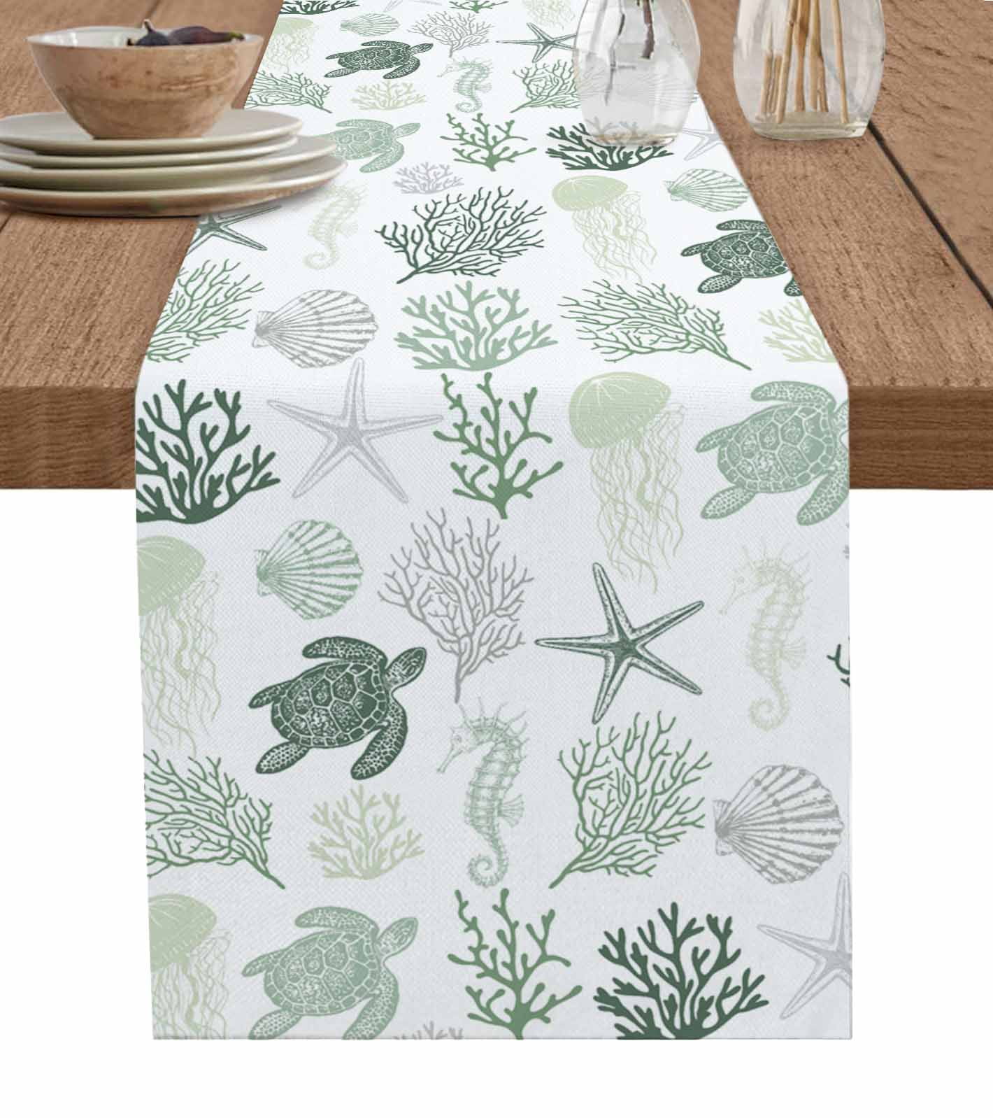Sage Green Coastal Table Runner Nautical Summer Beach Coral Sea Turtle ...