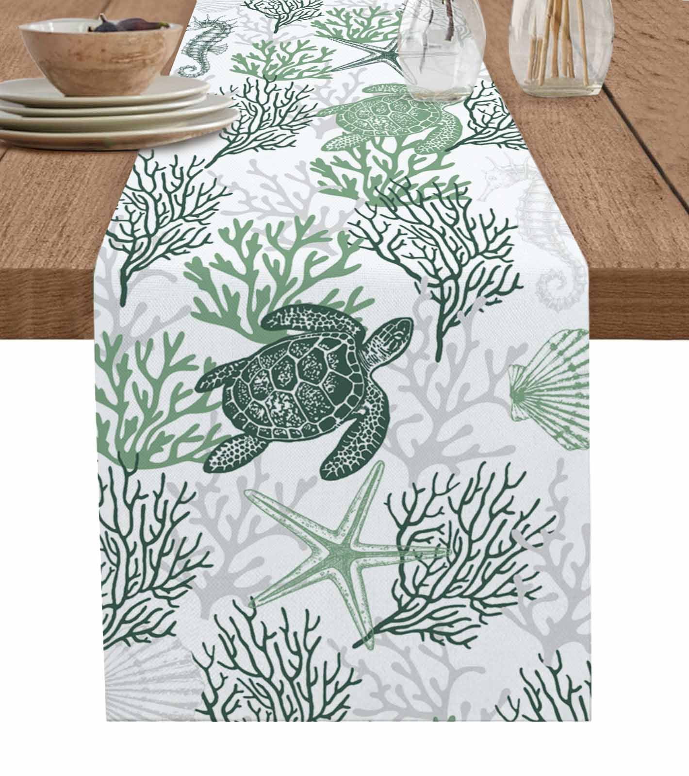 Sage Green Coastal Table Runner Sea Turtle Nautical Coral Summer Beach ...