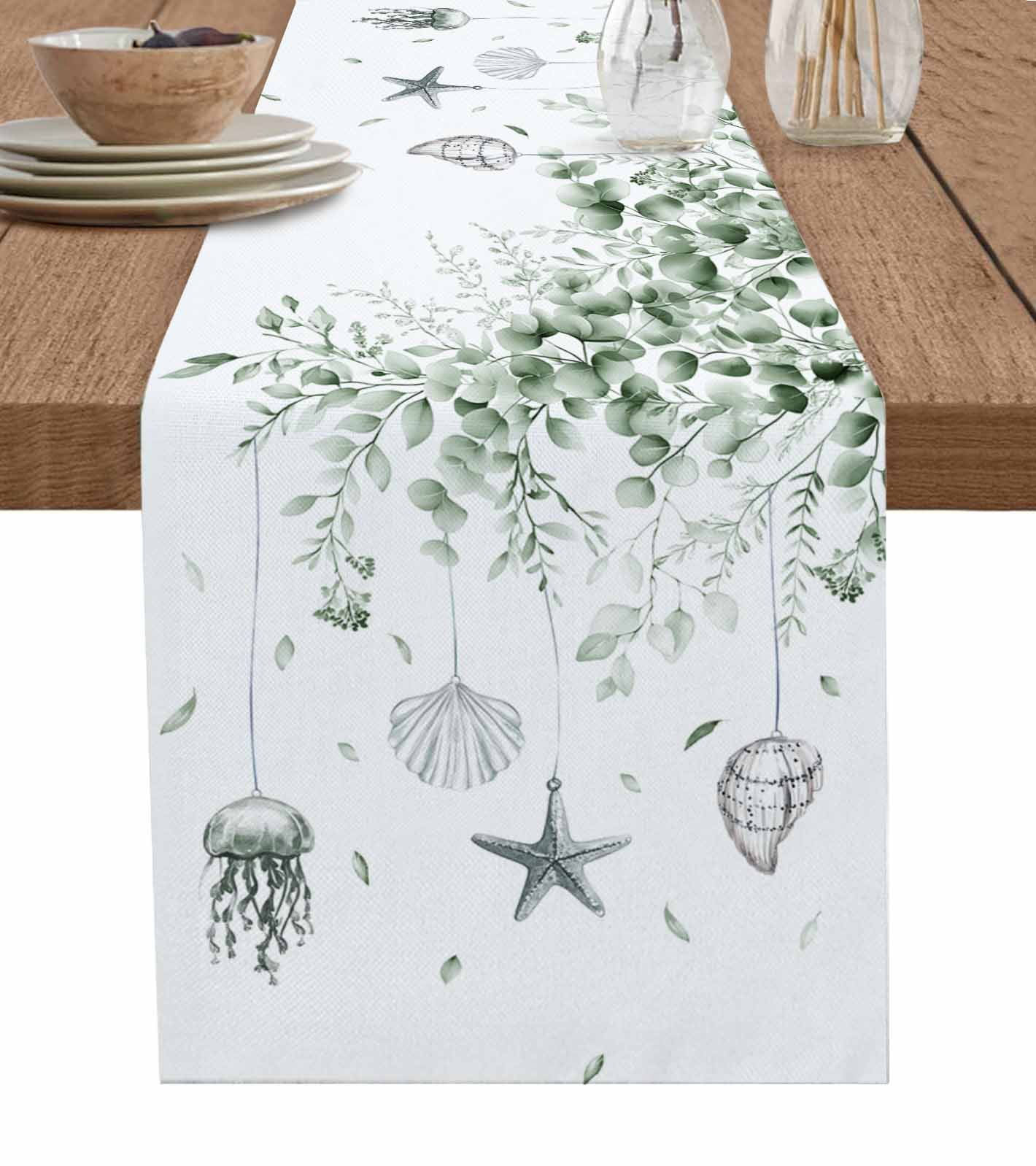 Sage Green Coastal Table Runner Summer Eucalyptus Leaves Beach Ocean ...