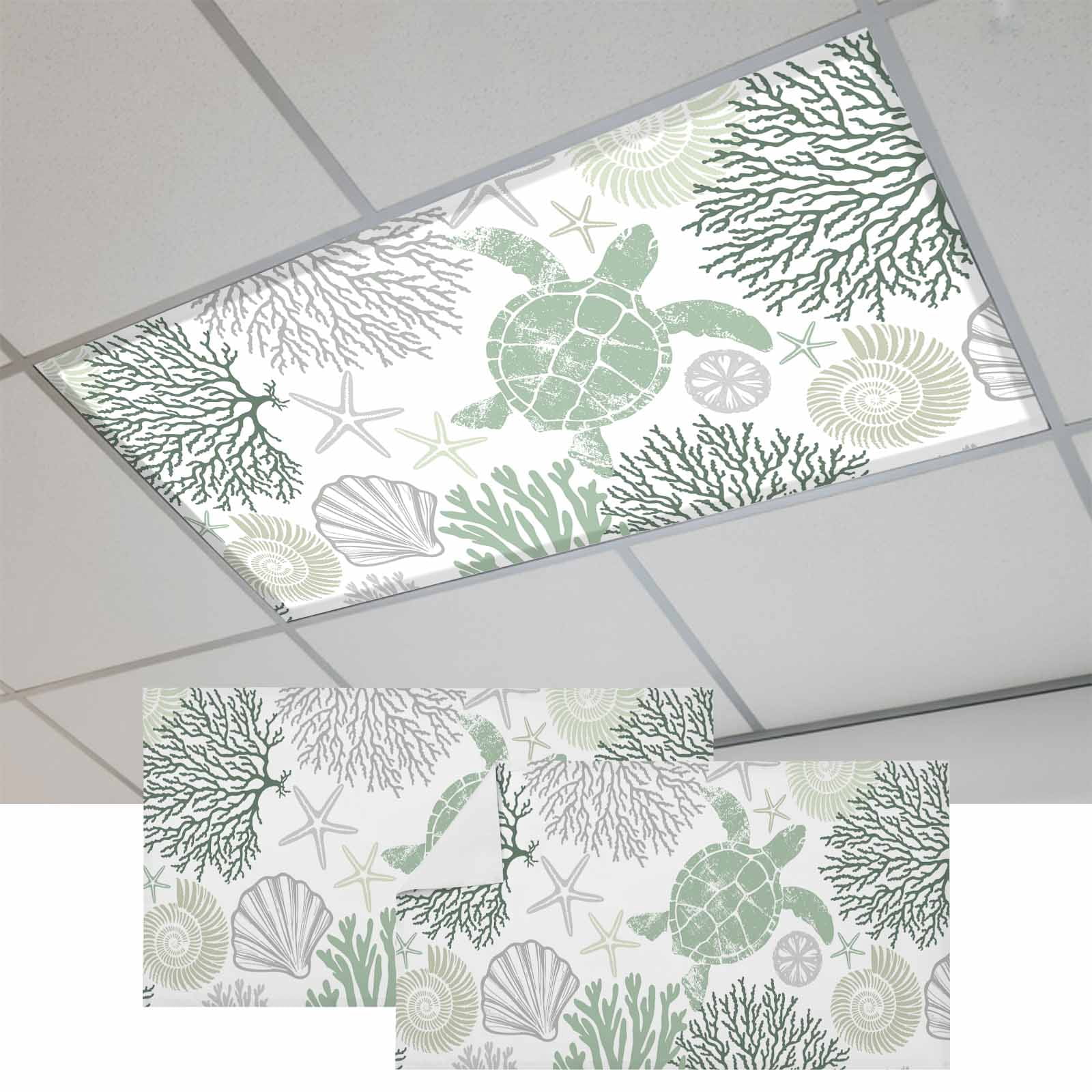 Sage Green Coastal Turtle Fluorescent Light Covers, Ocean Coral ...