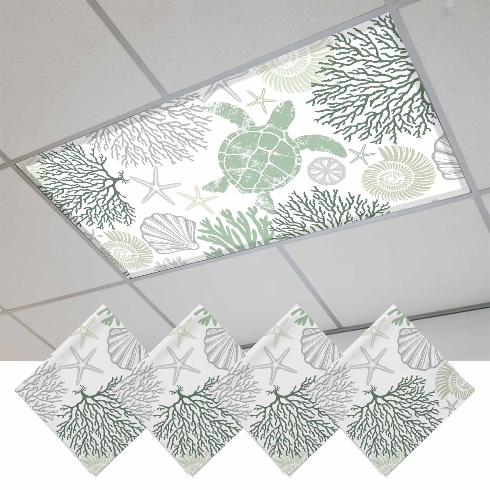 Sage Green Coastal Turtle Fluorescent Light Covers, Ocean Coral ...