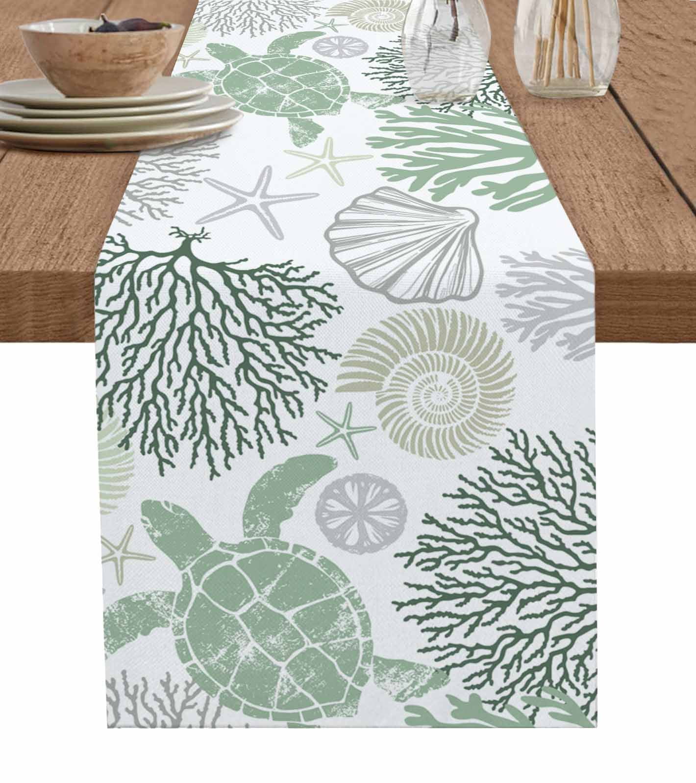 Sage Green Coastal Turtle Table Runner 48 Inches, Ocean Coral Nautical ...