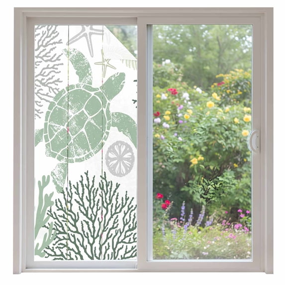 Sage Green Coastal Turtle Window Privacy Film, Ocean Coral Nautical ...