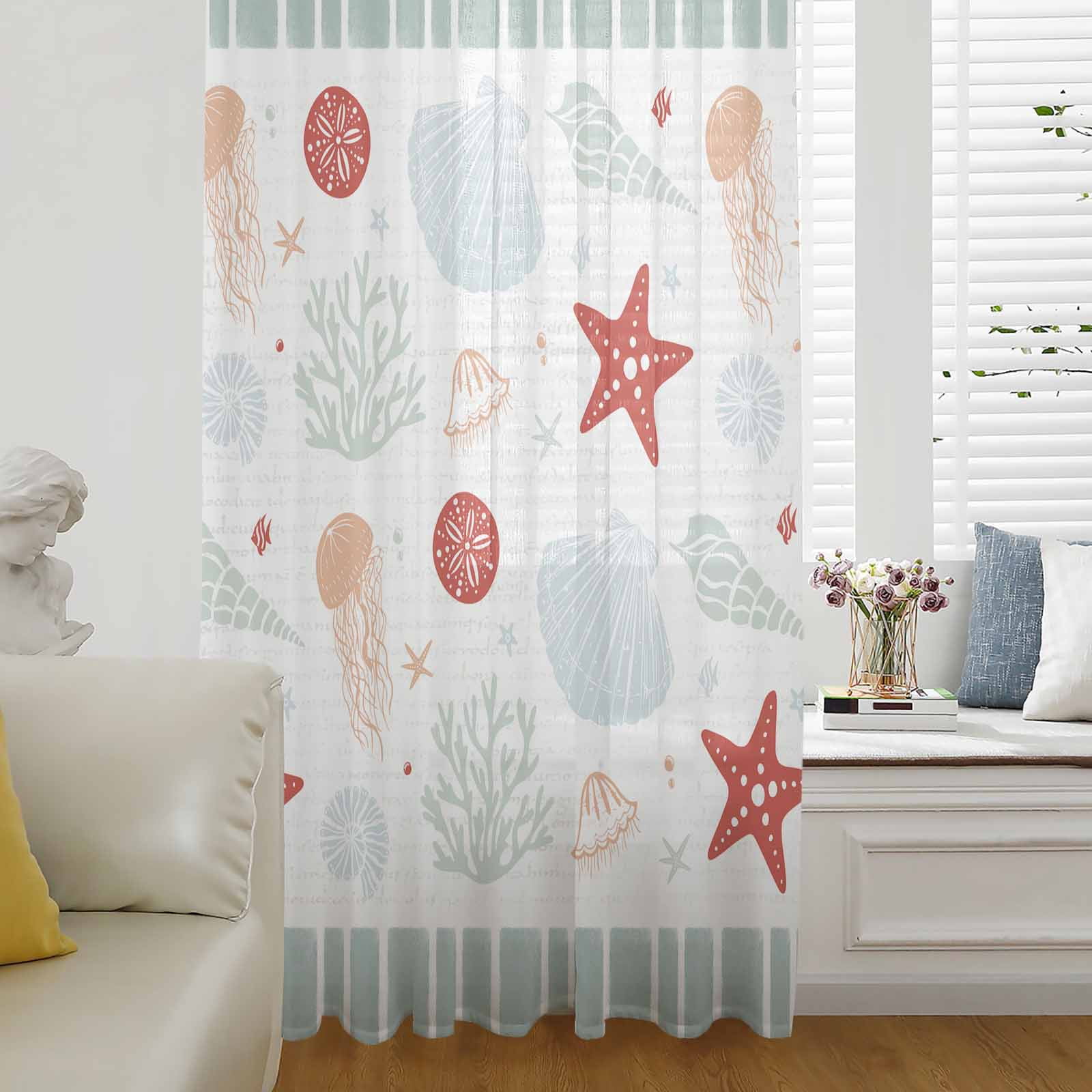 Sage Green Coastal Window Curtain 96 Inches Long,Nautical Coral ...
