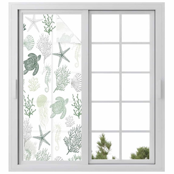 Sage Green Coastal Window Privacy Film, Nautical Summer Beach Coral Sea ...