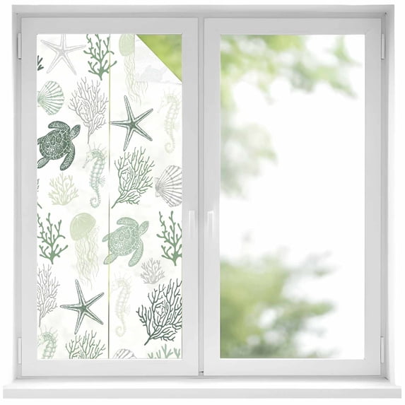 Sage Green Coastal Window Privacy Film, Nautical Summer Beach Coral Sea ...