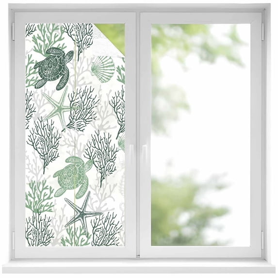 Sage Green Coastal Window Privacy Film, Sea Turtle Nautical Coral ...