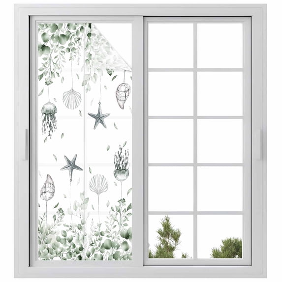 Sage Green Coastal Window Privacy Film, Summer Eucalyptus Leaves Beach ...