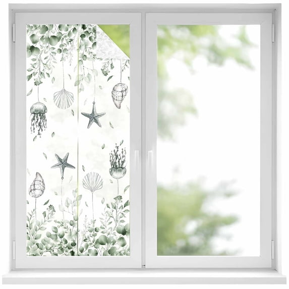 Sage Green Coastal Window Privacy Film, Summer Eucalyptus Leaves Beach ...