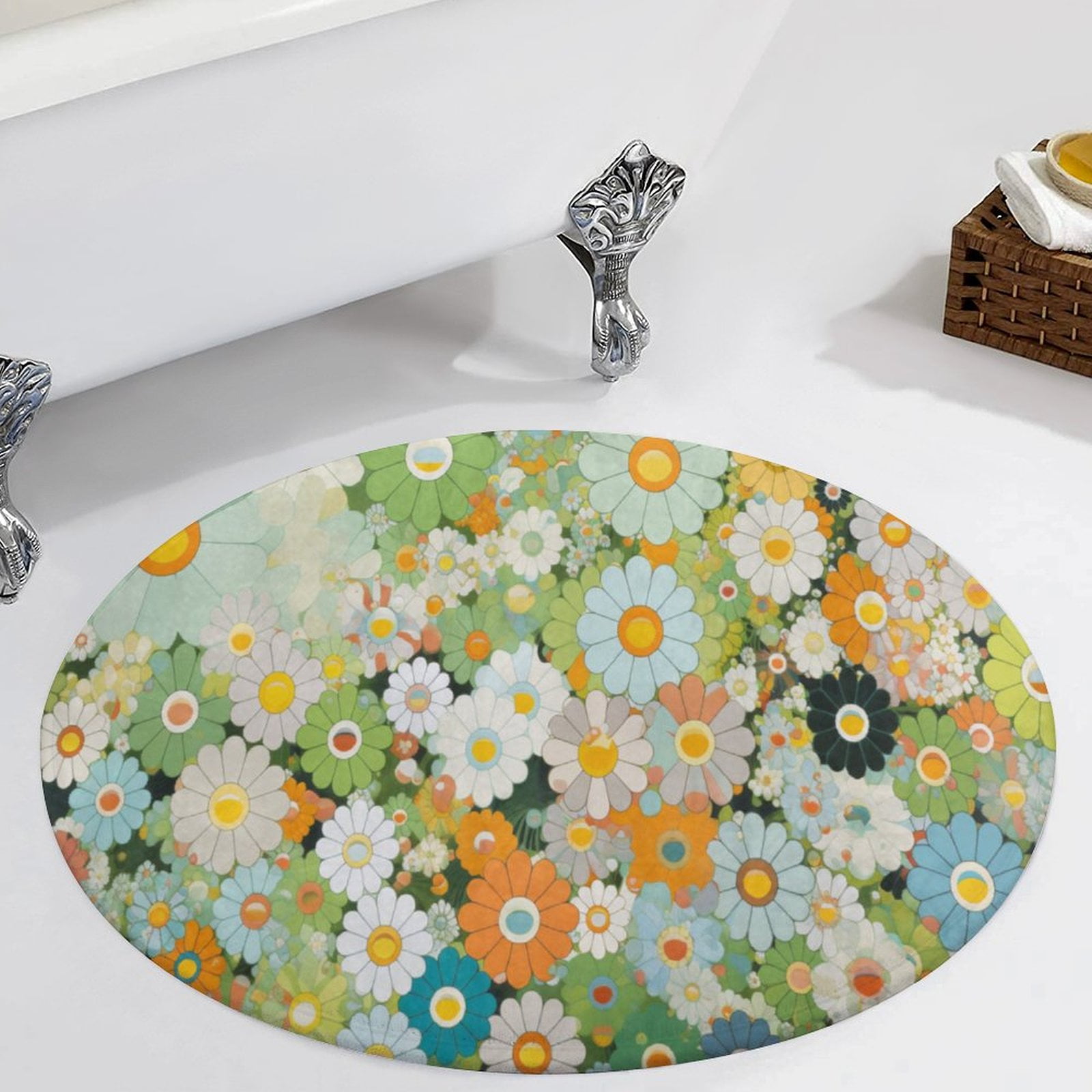 Sage Green Colorful Flower Round Carpet Circle Rug Outdoor Patio Area ...