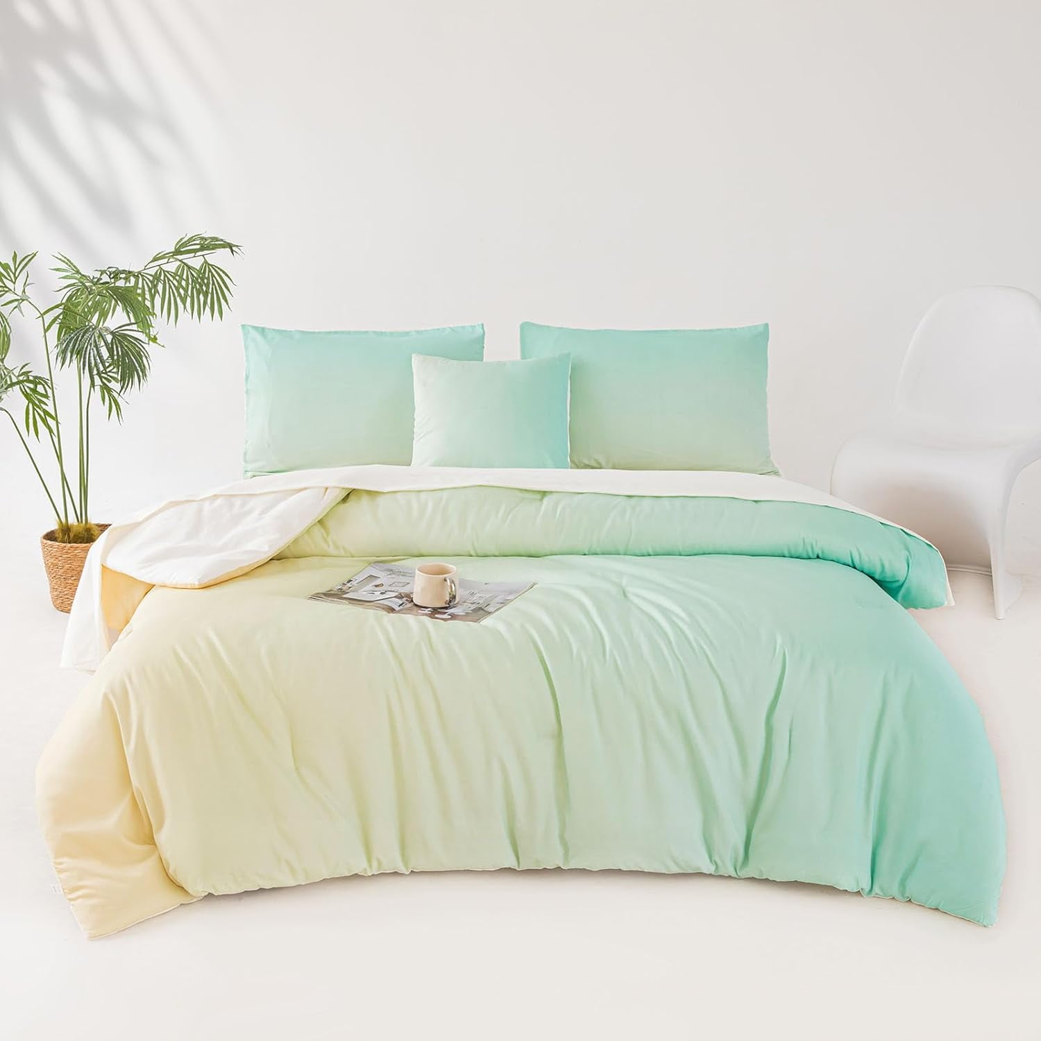 Sage Green Comforter Full Size Bedding Sets 6 Pcs Gradient Yellow and ...