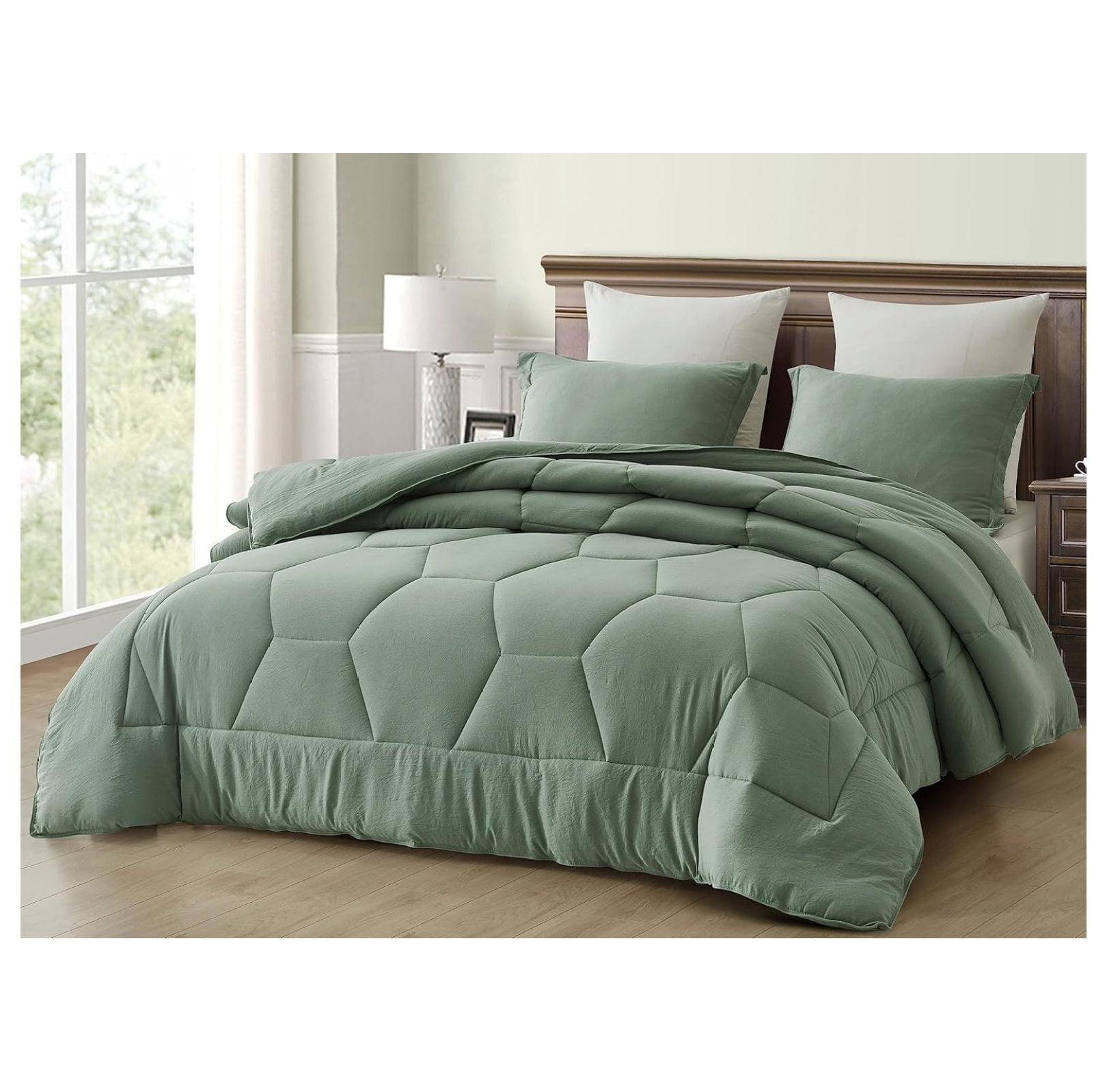 Sage Green Comforter Set Queen Size 3-Piece Fluffy Soft Lightweight Bedding Honeycomb Geometric ...