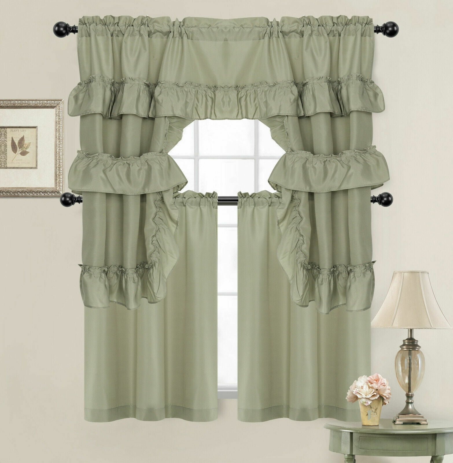 Sage Green Country Farmhouse Solid Colored Cafe Kitchen Curtain Tier ...
