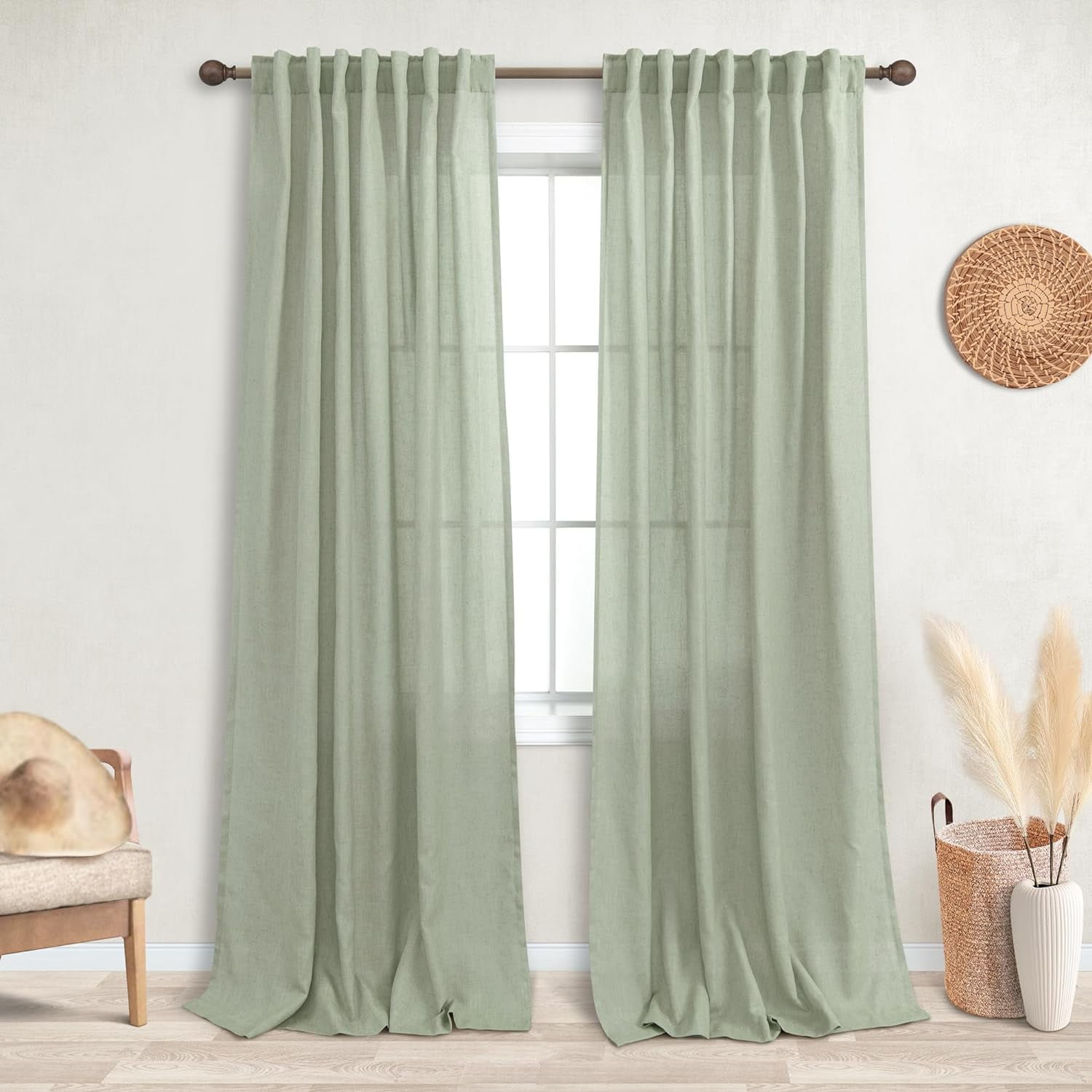 Sage Green Curtains 84 Inches Long For Bedroom 2 Panel Sets,Neutral Linen Boho Sheer Curtains ...