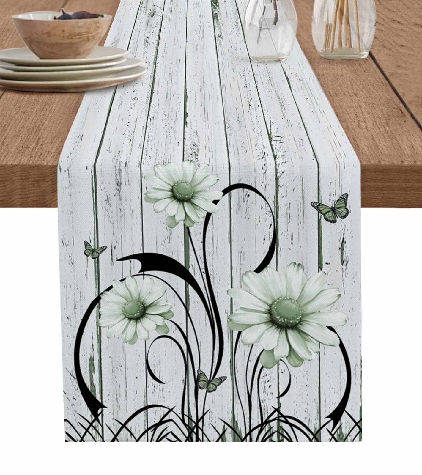 Sage Green Daisy Burlap Cotton Table Runner 13x120 Inches Long, Retro ...