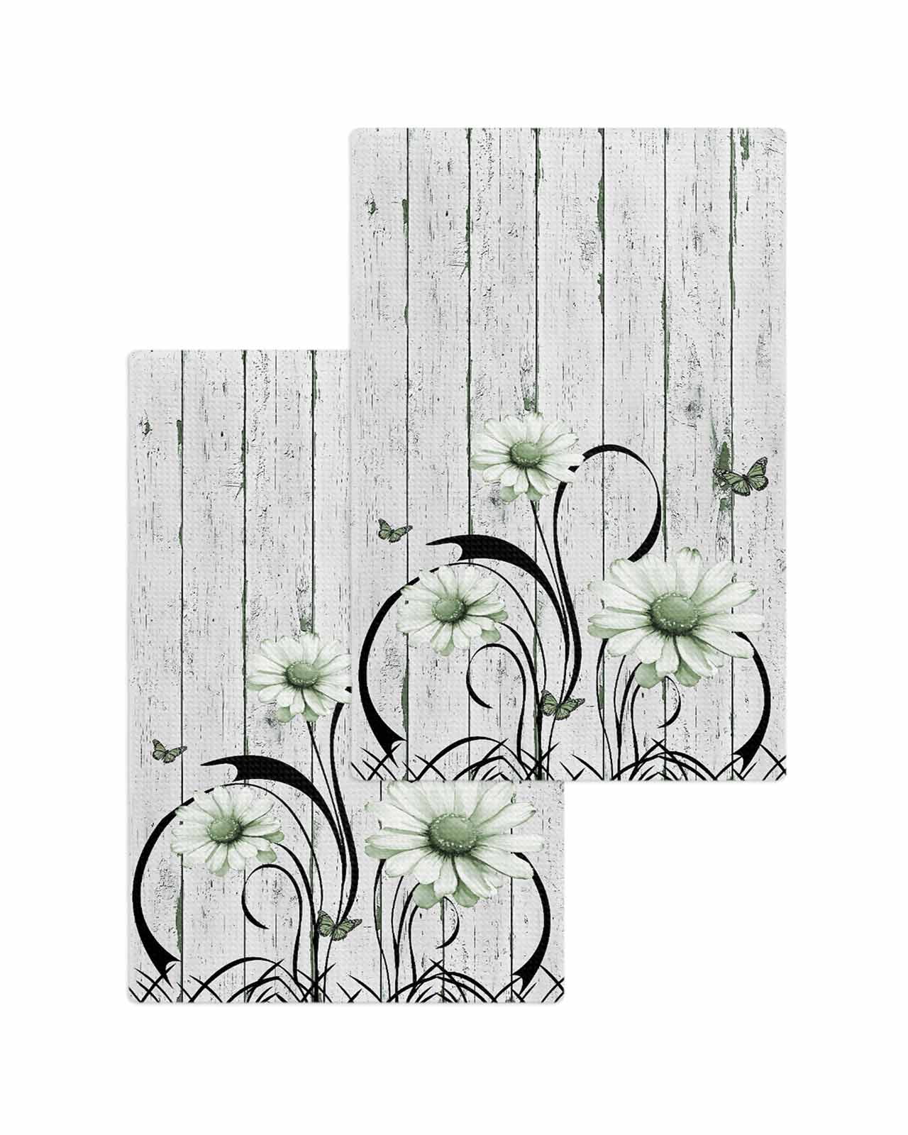 Sage Green Daisy Kitchen Dish Towels for Drying Dishes Set of 2, Retro ...