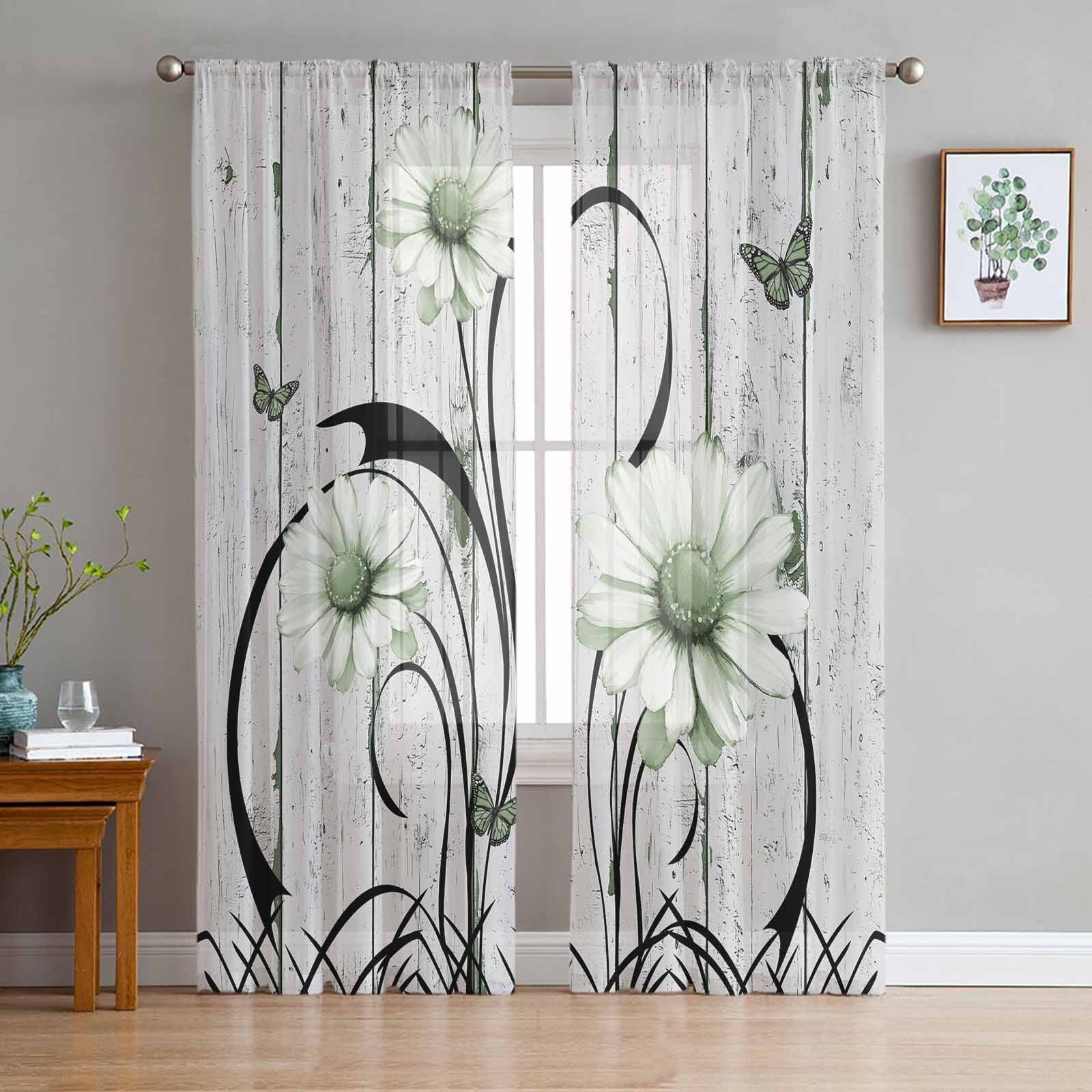Sage Green Daisy Sheer Curtains 72 Inches Long 2 Panels Set, Window ...