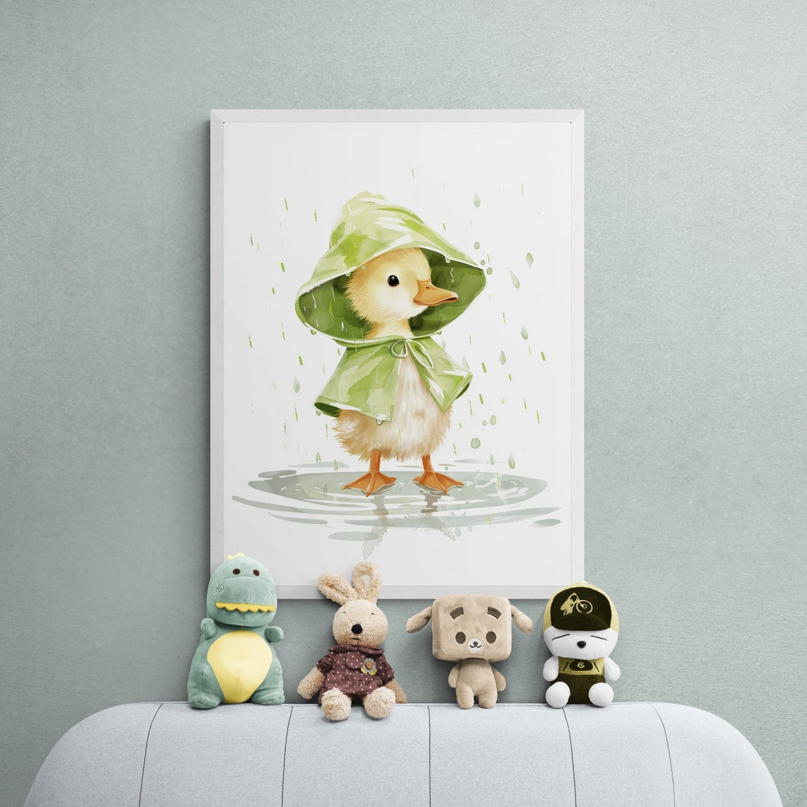 Sage Green Duck, Duck In Rain Poncho, Goose Nursery Wall Art, White ...
