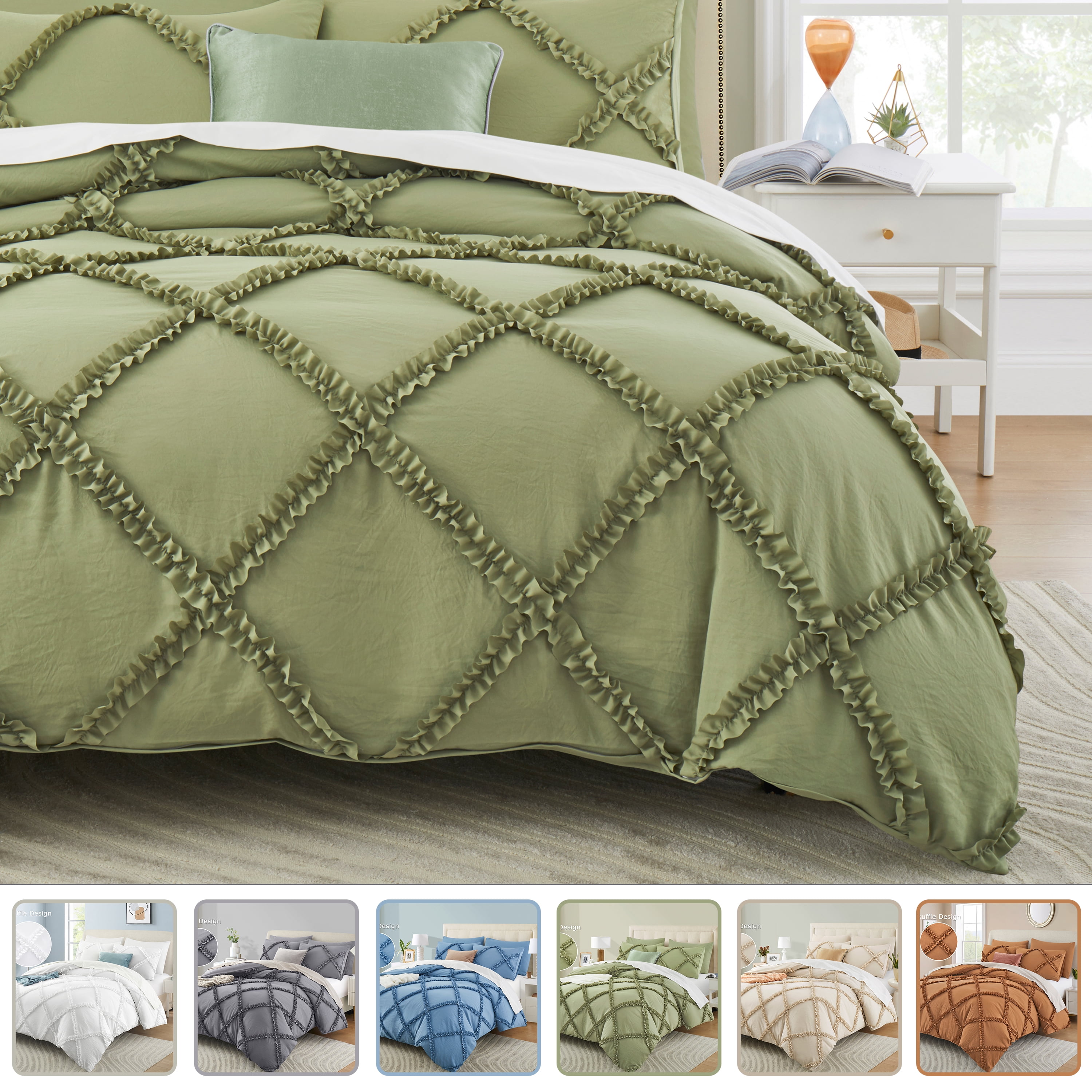 Sage Green Queen Size Duvet Cover - 5 Pieces Ruffle Textured Set with 1 ...