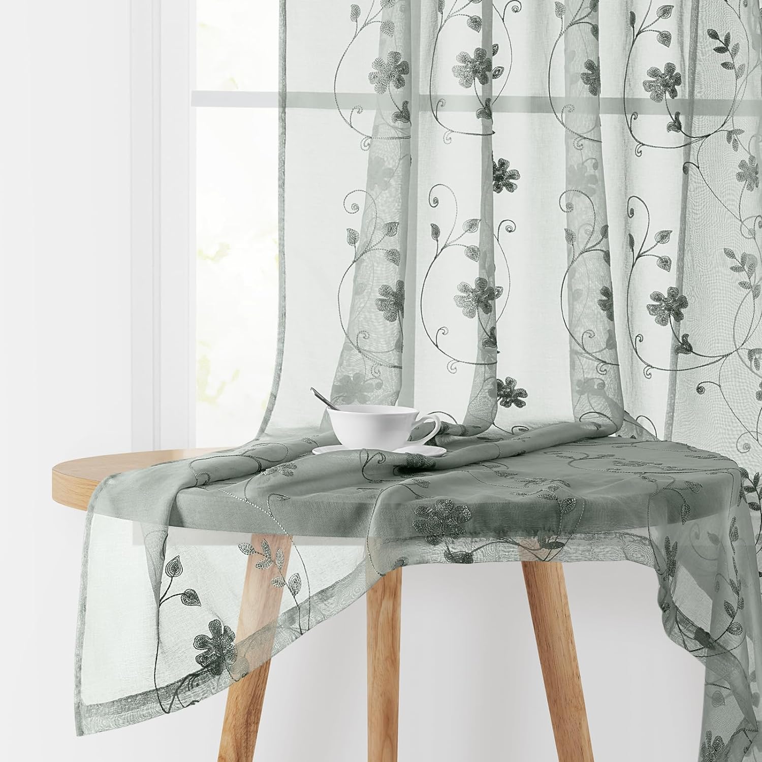 Sage Green Embroidered Floral Sheer Curtains 96 Inches Long 2 Panels ...