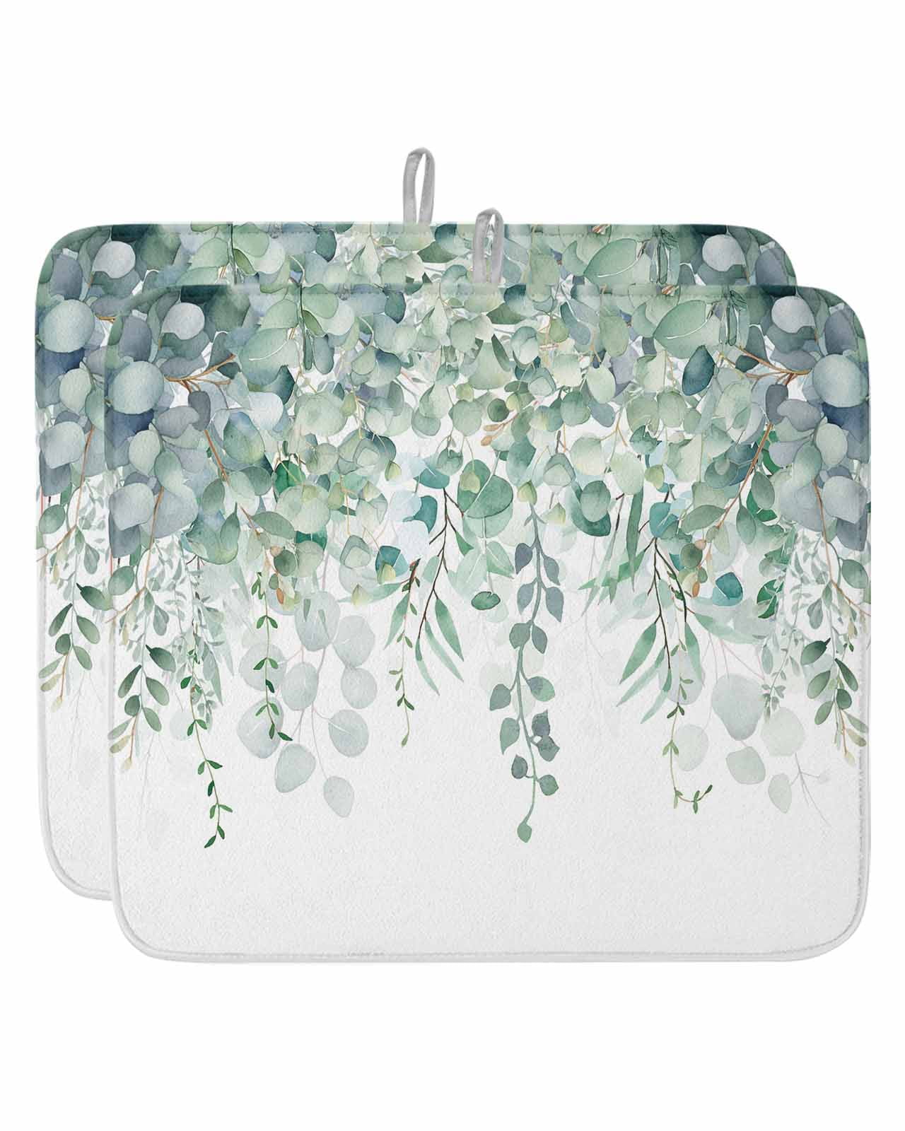 Sage Green Eucalyptus Dish Drying Mat, Watercolor Leaves Absorbent Dish ...