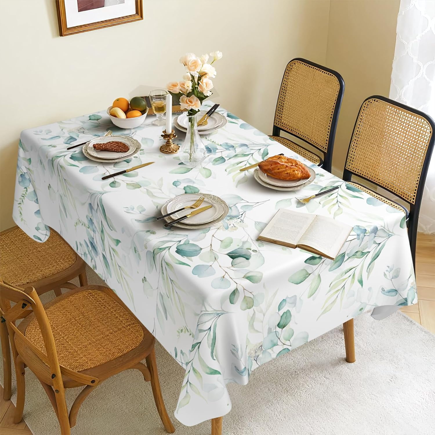 Sage Green Eucalyptus Floral Tablecloth Waterproof Fabric,Rectangle ...
