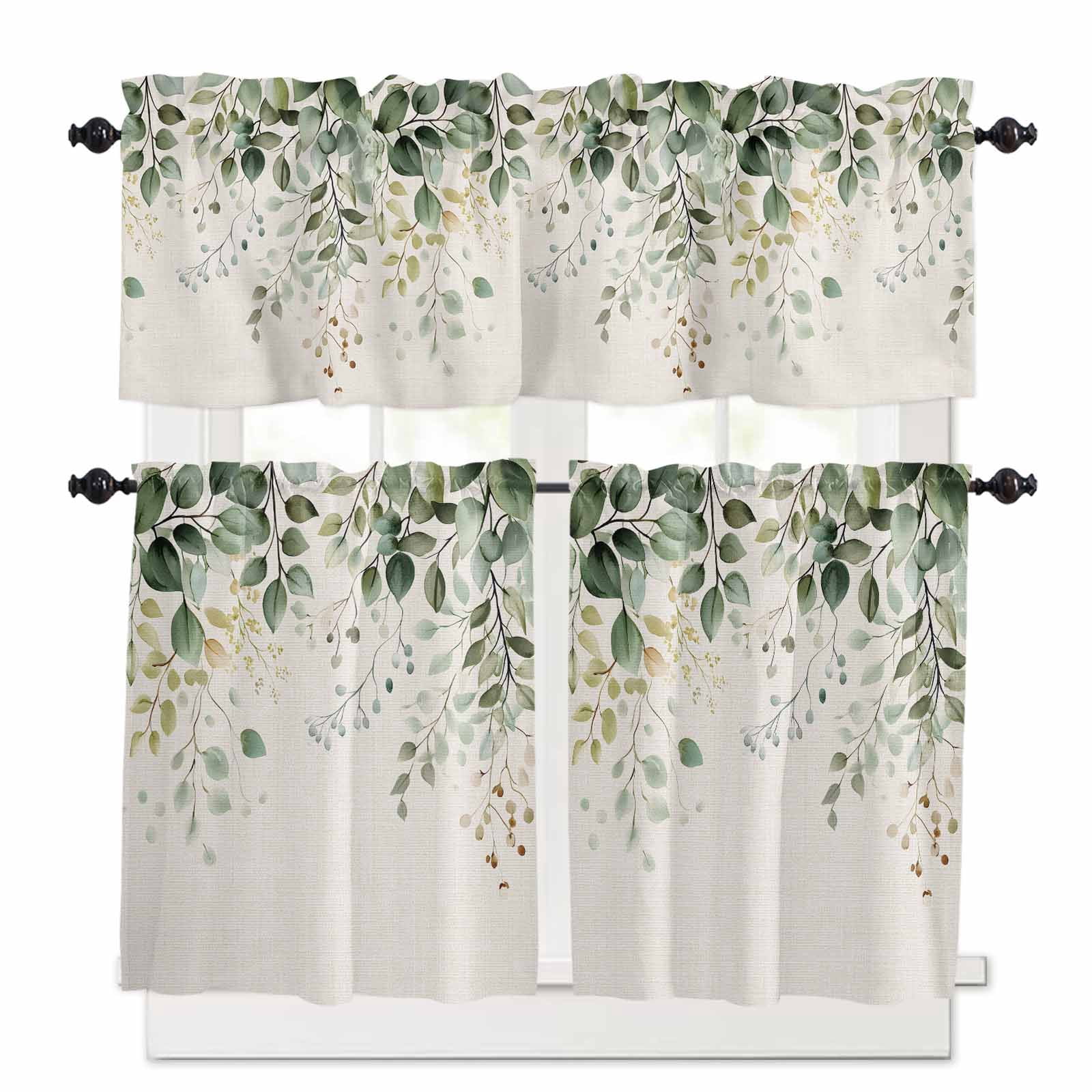 Sage Green Eucalyptus Kitchen Curtain Set, Country Leaf Plants Retro ...