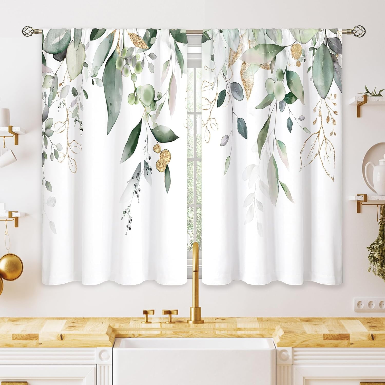 Sage Green Eucalyptus Kitchen Curtains, Plant Window Treatment, Leaf ...