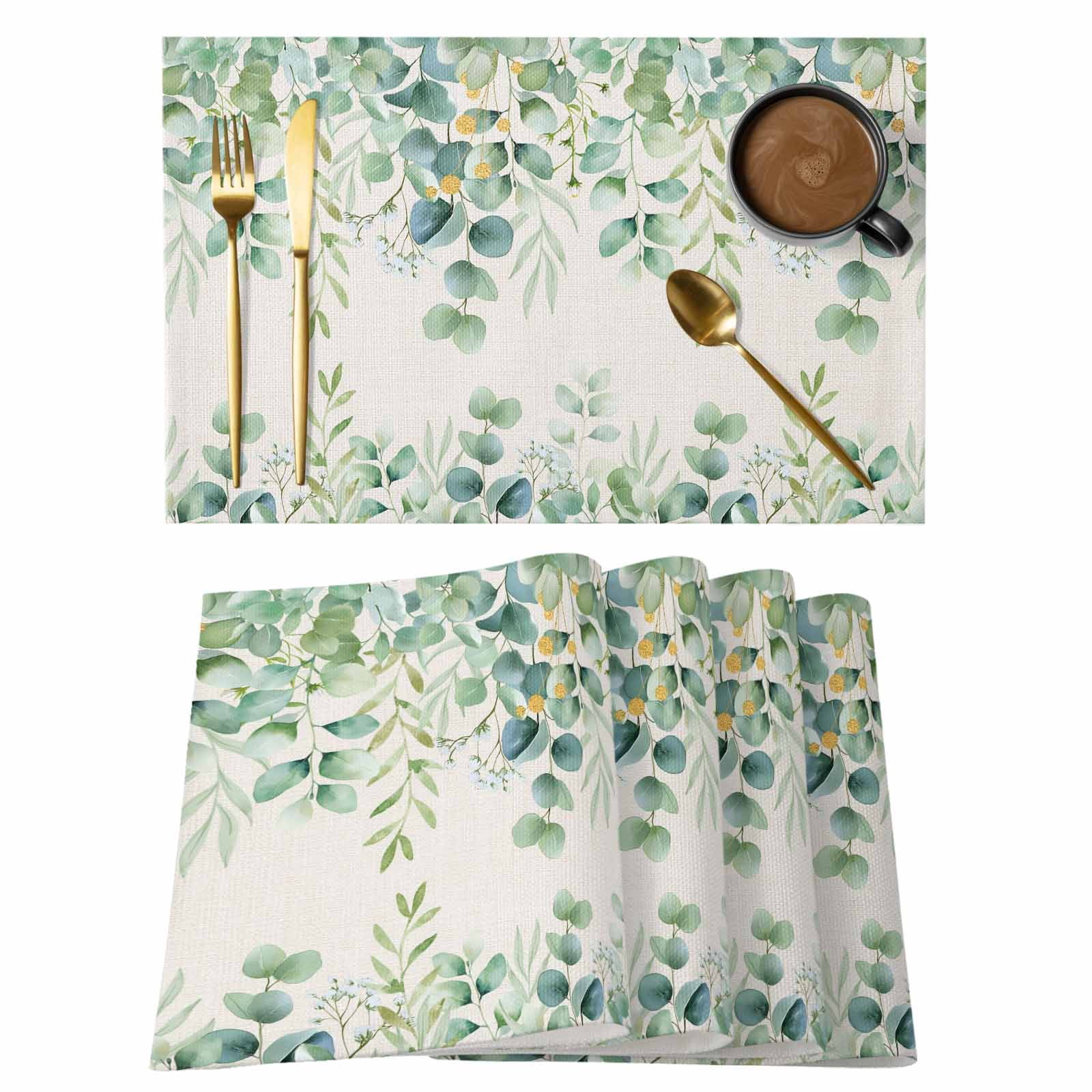 Sage Green Eucalyptus Leaf Cotton Linen Placemats Set of 6, Spring ...