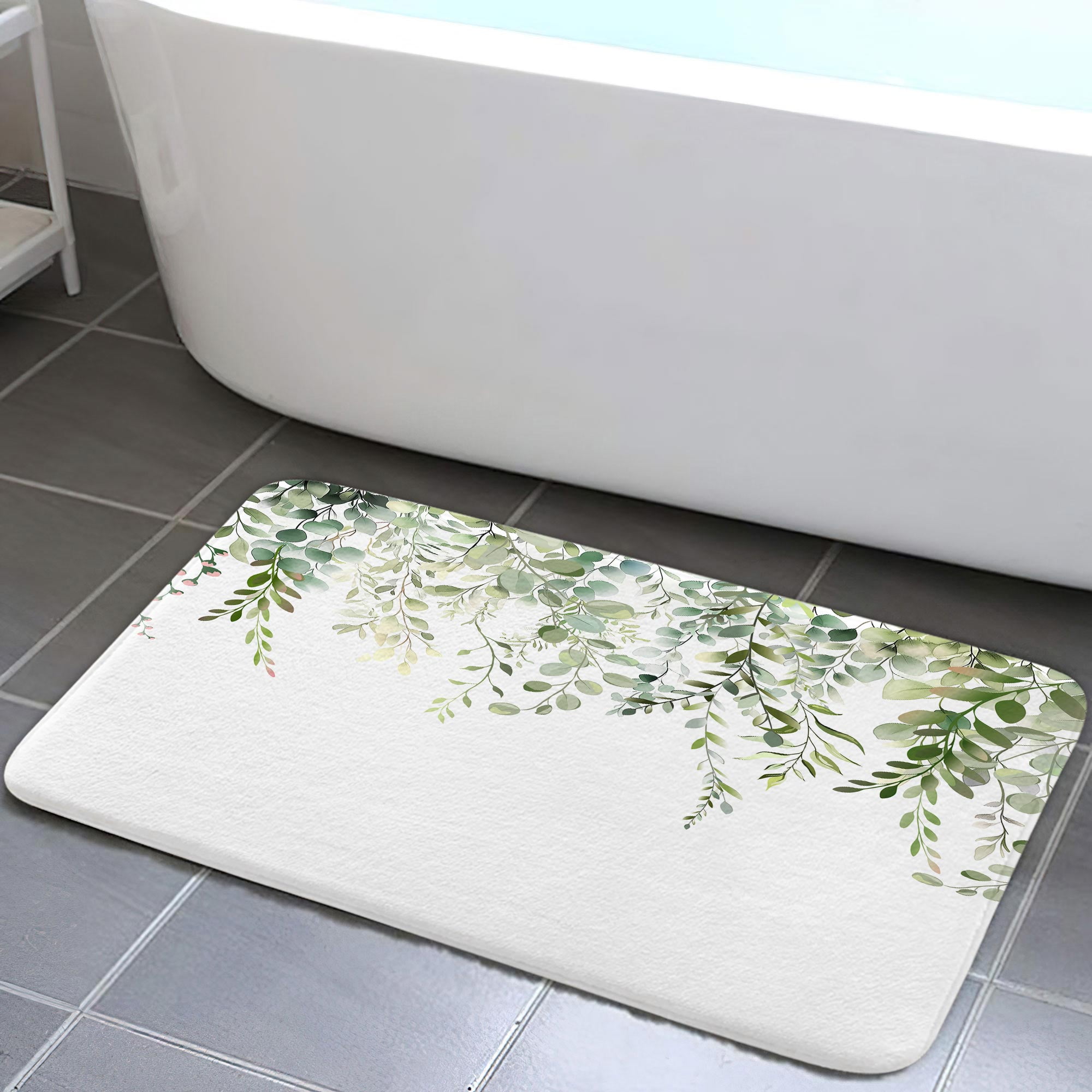 Sage Green Eucalyptus Leaves Bathroom Rug, Watercolor Floral Rustic ...