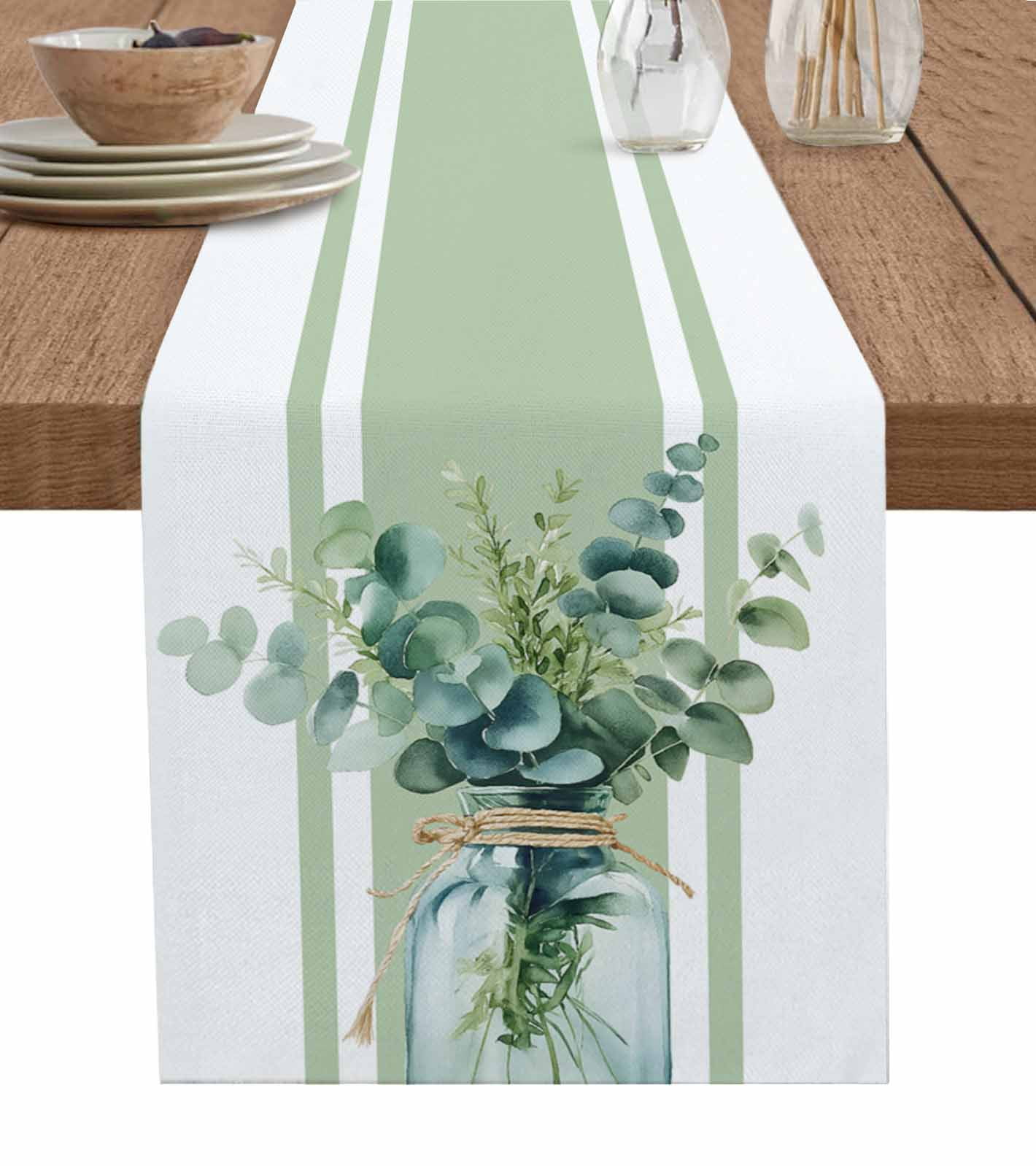 Sage Green Eucalyptus Leaves Burlap Cotton Table Runner 13x90 Inches ...