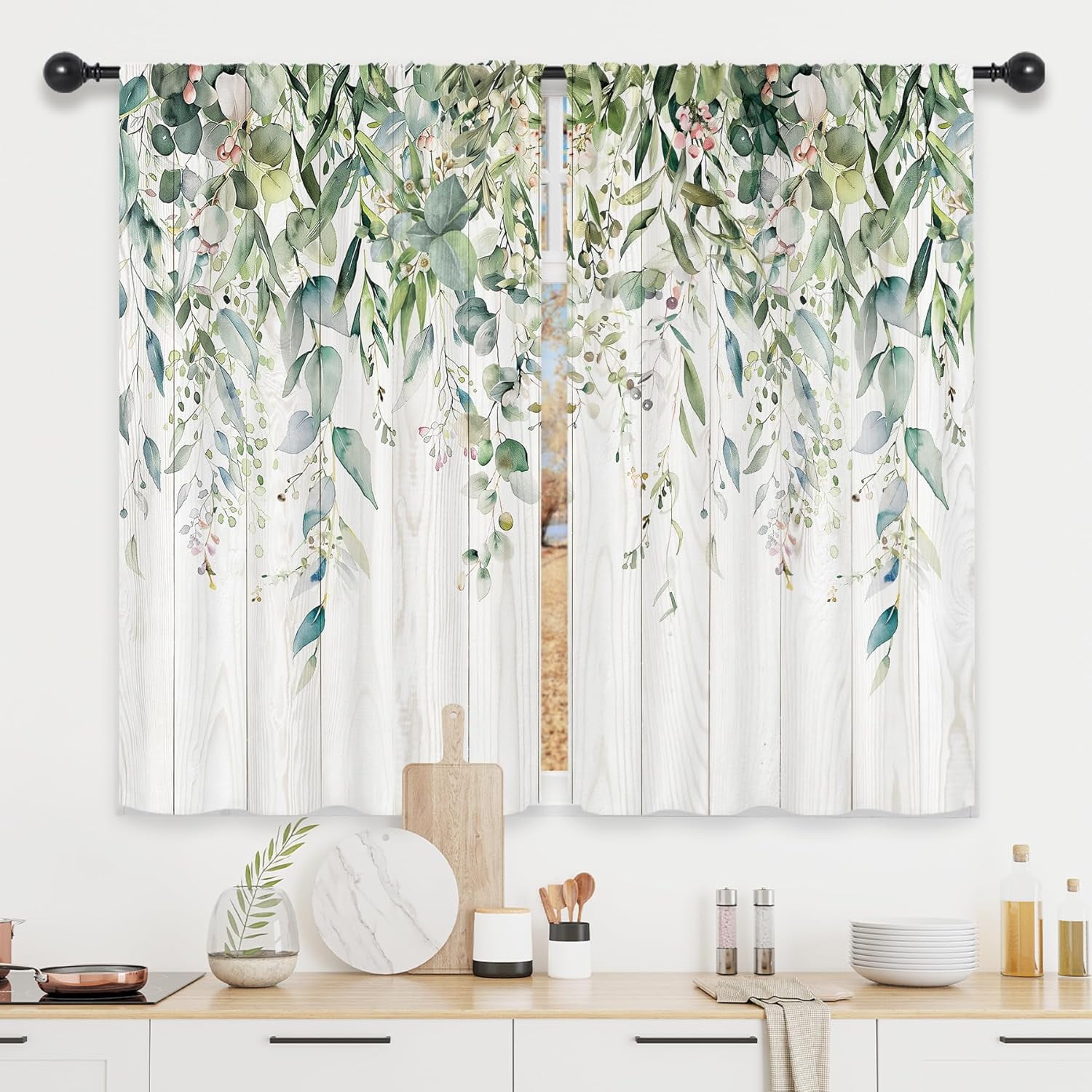Sage Green Eucalyptus Leaves Kitchen Curtains Flower Watercolor Floral ...