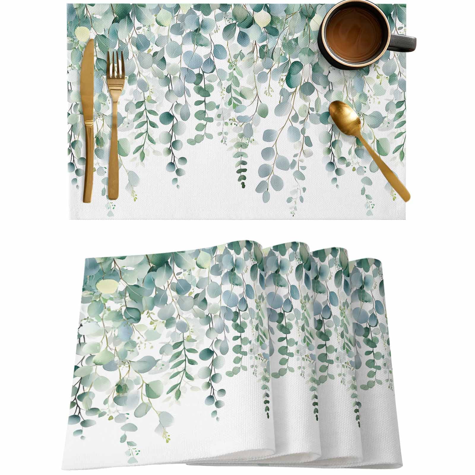 Sage Green Eucalyptus Leaves Placemats Set of 4,Wipeable Washable Table Mats for Dining Tables ...