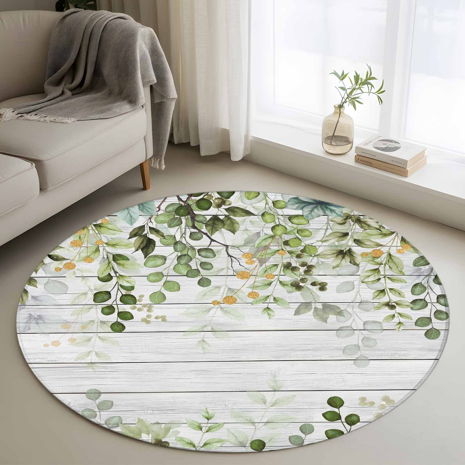 Sage Green Eucalyptus Leaves Round Area Rug 3 FT,Small Kitchen Bathroom ...