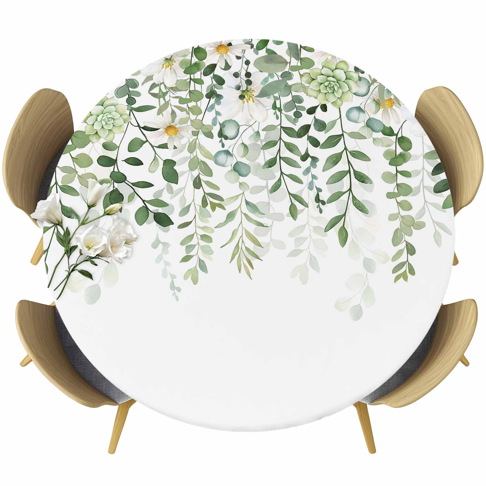 Sage Green Eucalyptus Leaves Round Tablecloth, Fitted Table Cover with ...