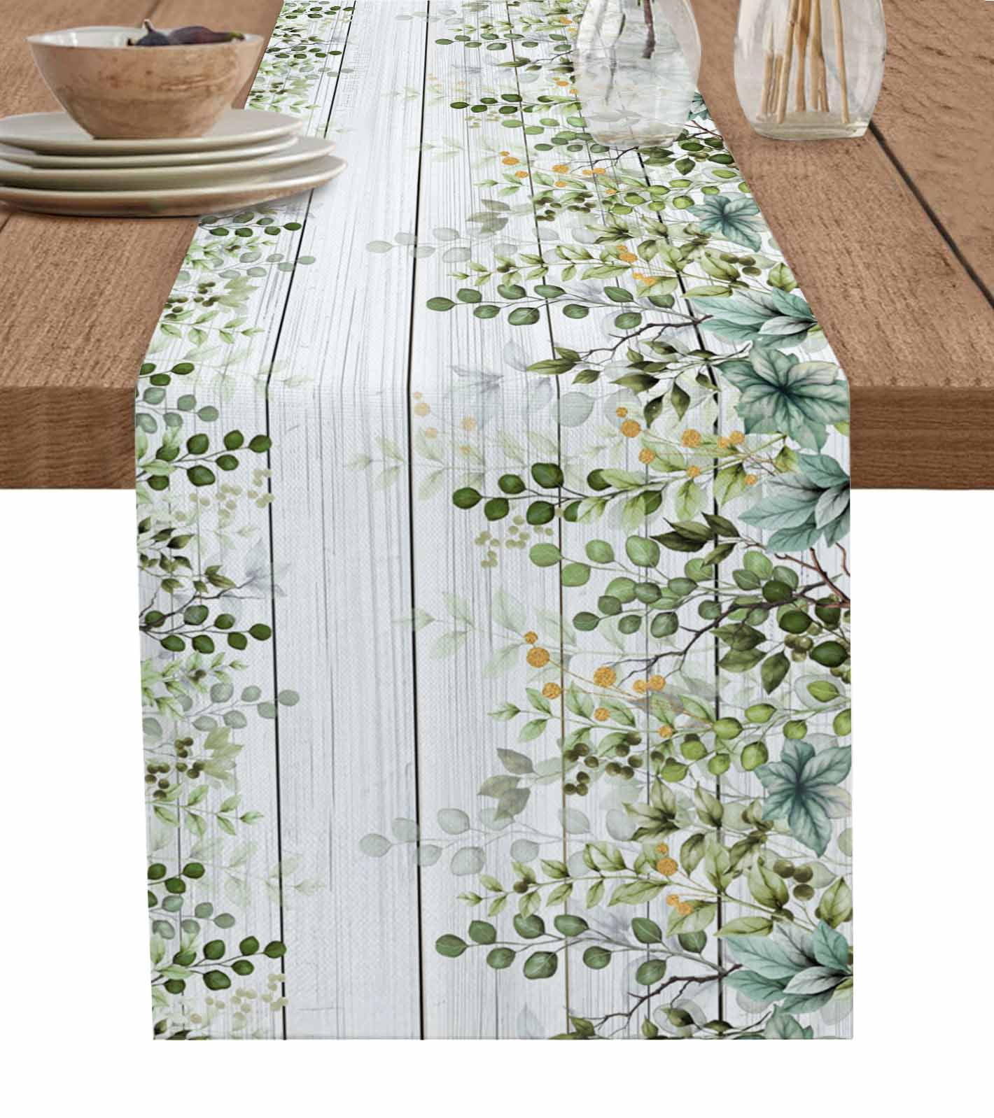 Sage Green Eucalyptus Leaves Table Runners 72 Inches Long, Cotton Linen Fabric Table Runner ...