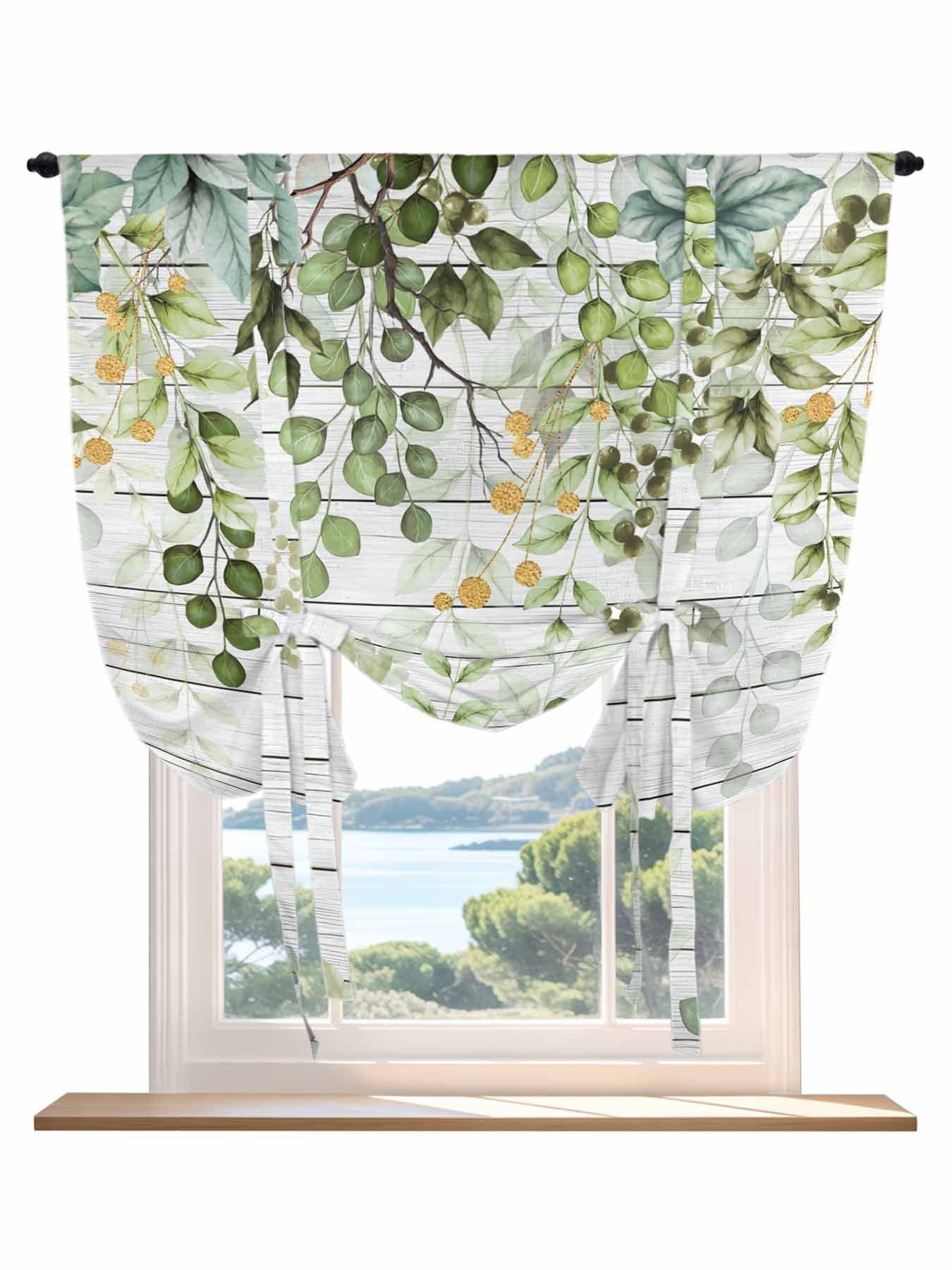Sage Green Eucalyptus Leaves Tie Up Curtains for Windows 45 Inch Length Balloon Curtains Kitchen ...