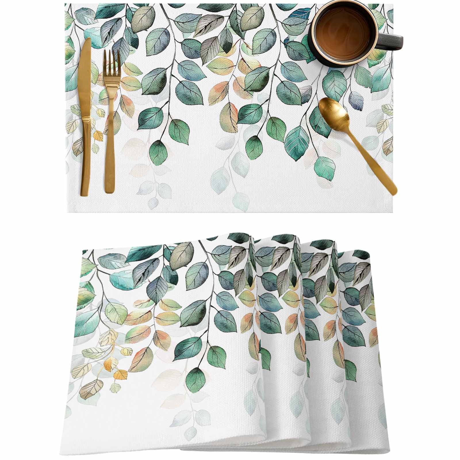 Sage Green Eucalyptus Leaves Watercolor Placemats Set of 4,Wipeable Washable Table Mats for ...