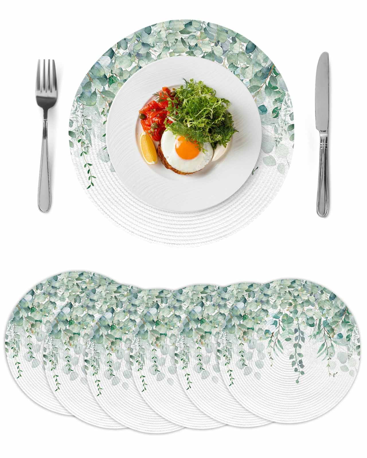 Sage Green Eucalyptus Round Table Placemats set of 6, Rustic Watercolor ...