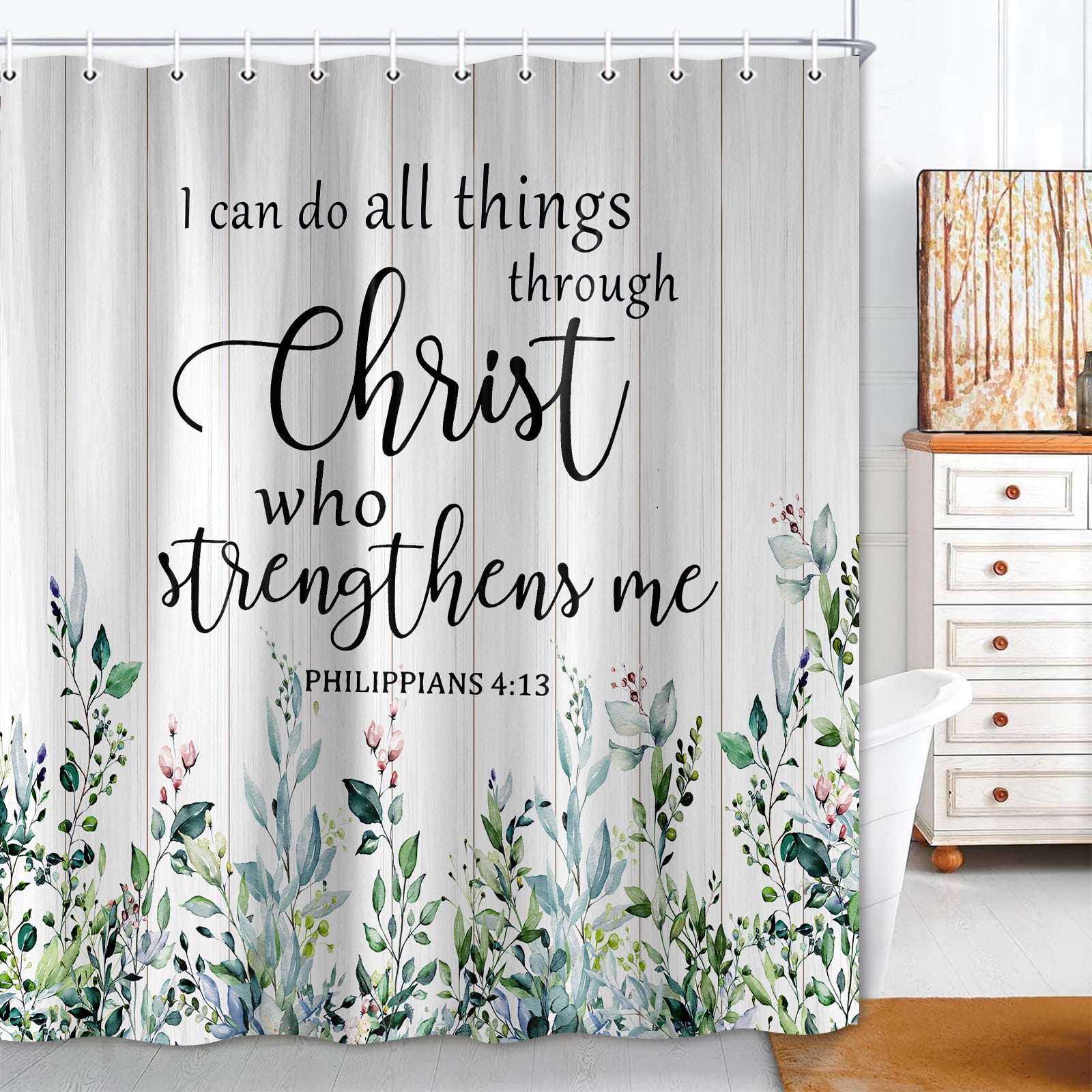 Sage Green Eucalyptus Shower Curtain Floral Inspirational Quote Shower