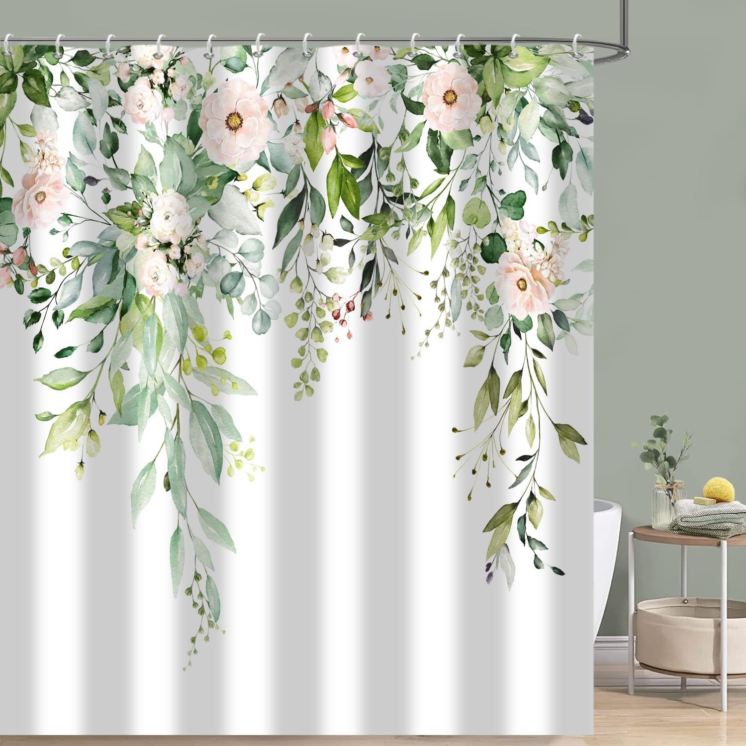 Sage Green Eucalyptus Shower Curtain Watercolor Leaves Floral Spring