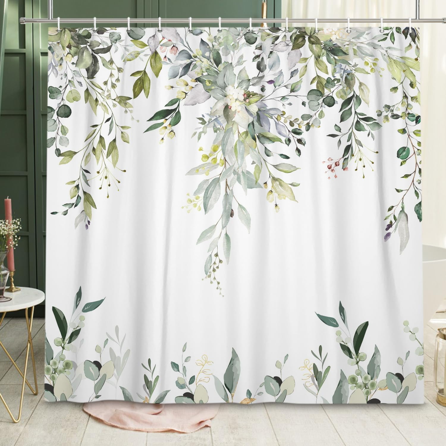 Sage Green Eucalyptus Shower Curtain Watercolor Leaves Plant Spring
