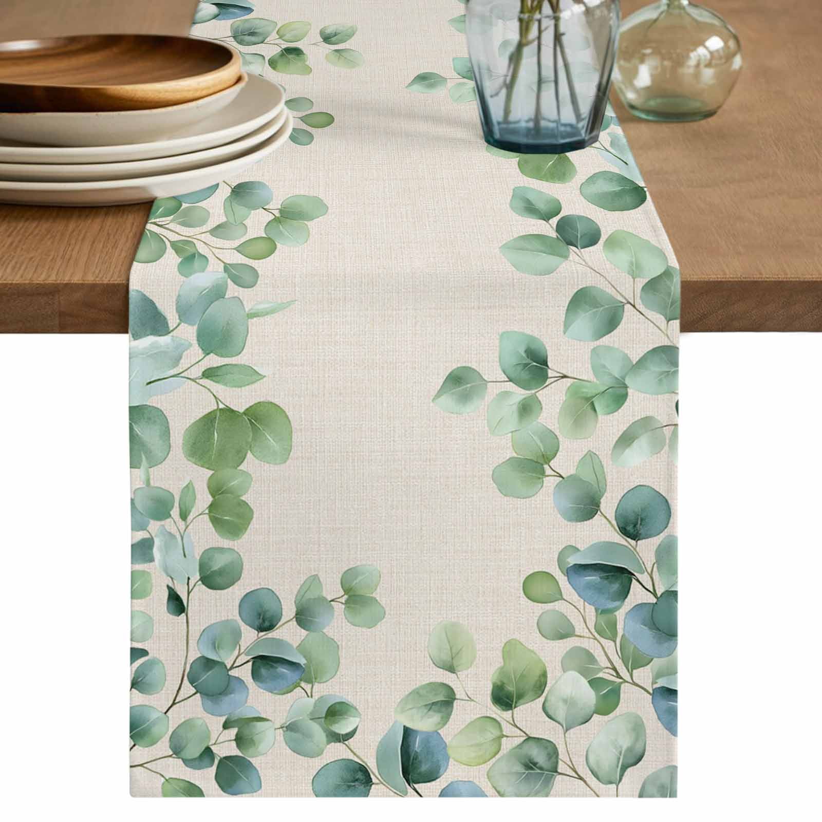 Sage Green Eucalyptus Table Runner 70 Inches, Spring Summer Leaves ...
