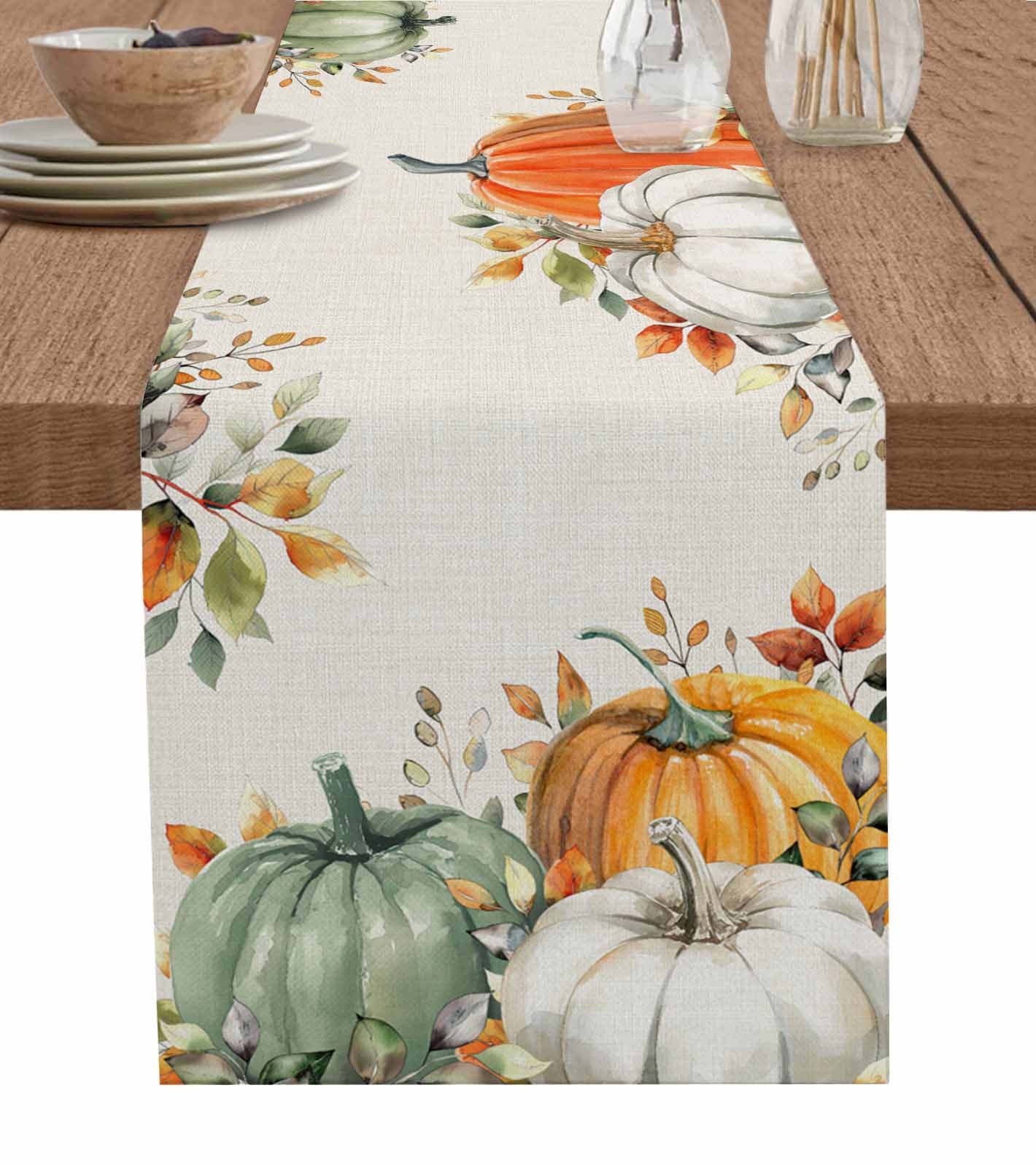 Sage Green Fall Burlap-Cotton Table Runner 70 Inches Long,Pumpkins ...