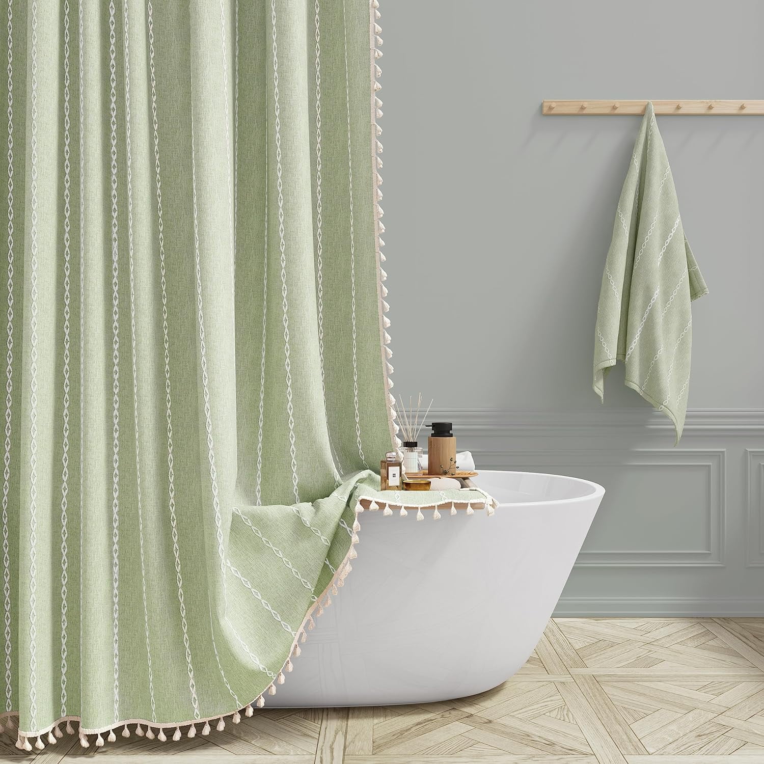 Sage Green Farmhouse Shower Curtain, Boho Linen Striped Heavy Duty ...