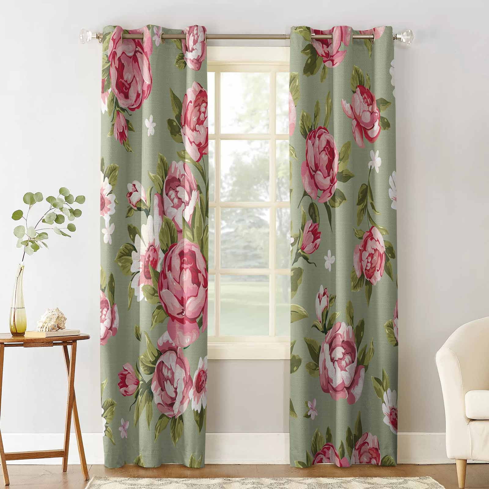 Sage Green Floral Blackout Curtains 96 Inches Length, Retro Pastel Pink ...