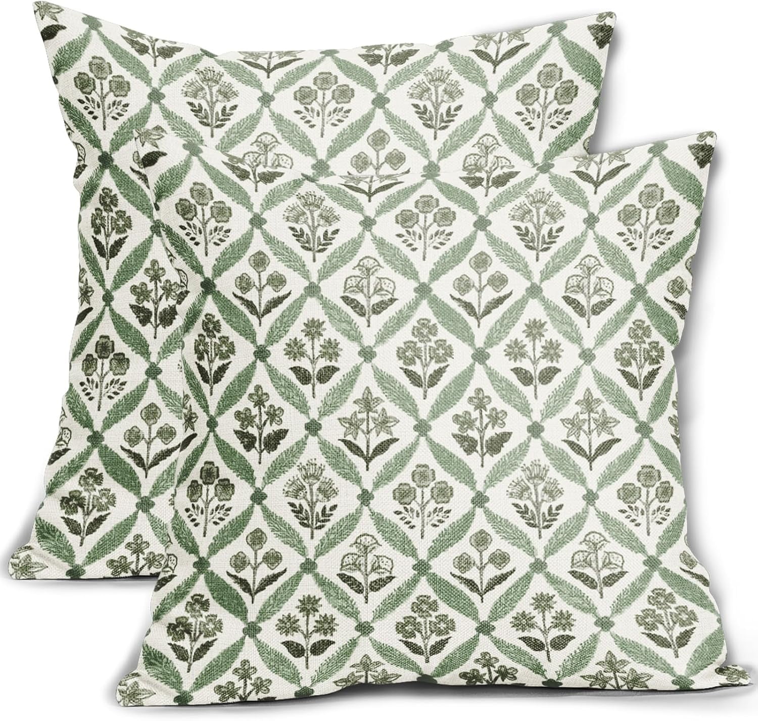 Sage Green Floral Block Print Pillow Covers 20X20 Set of 2, Flower ...